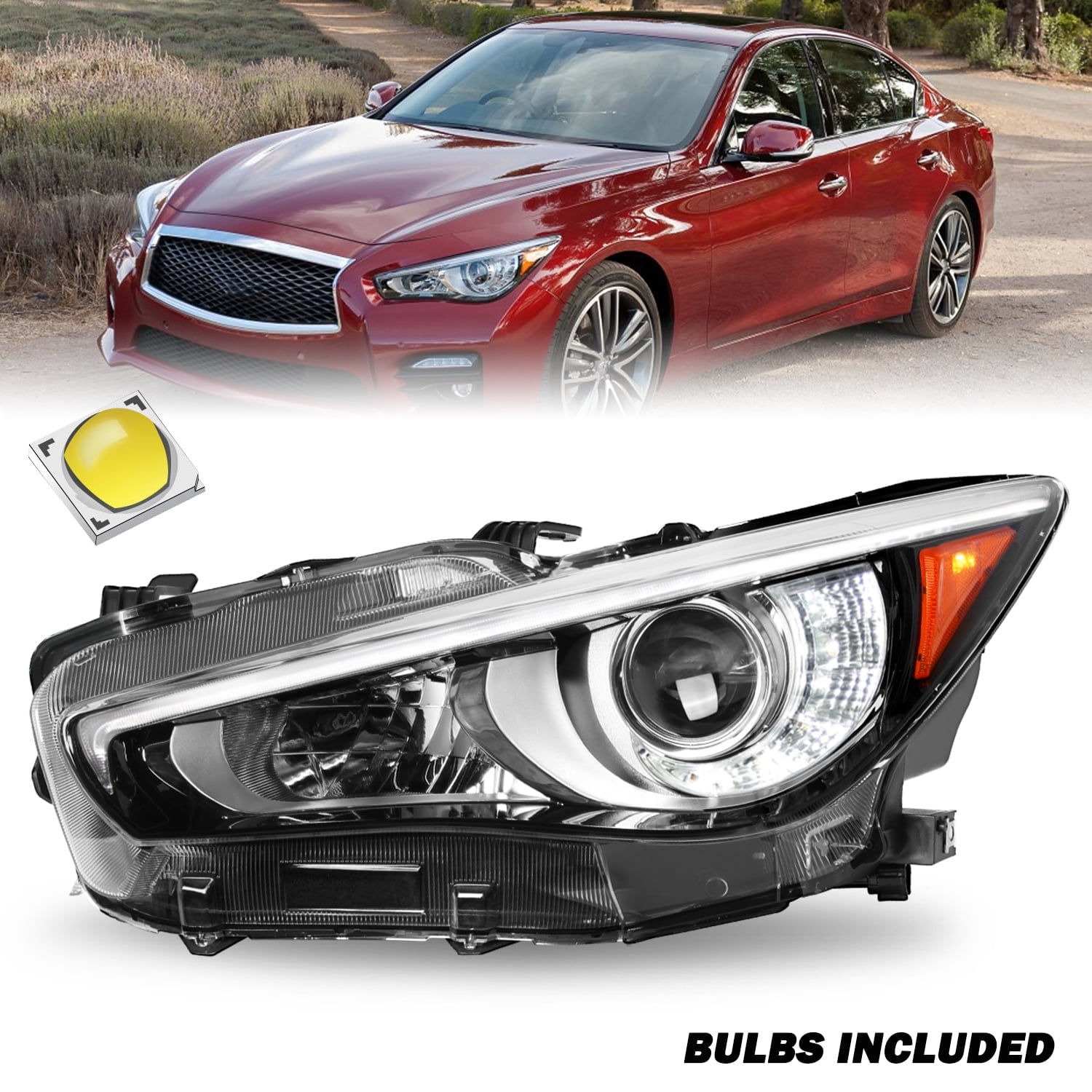 For 2014-2022 Infiniti Q50 LED DRL w/o AFS Projector Headlight Assembly Headlamp - Walmart.com