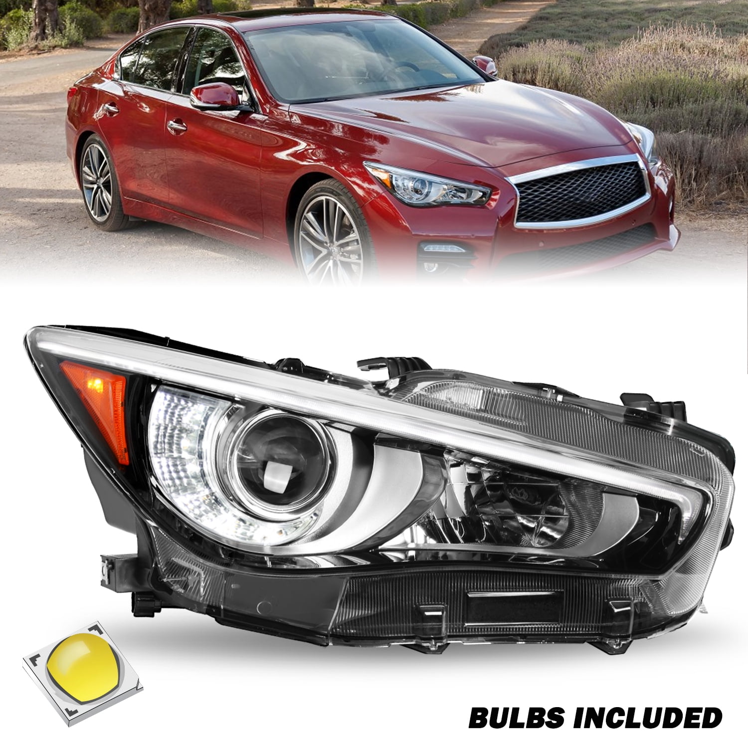 For 2014-2022 Infiniti Q50 LED DRL w/o AFS Projector Headlight Assembly Headlamp - Walmart.com