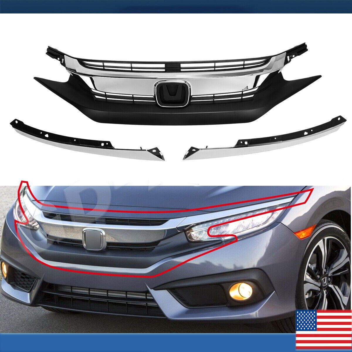For 2016-2018 Honda Civic Front Bumper Upper Grille w/ Chrome Eyelid Molding - Walmart.com