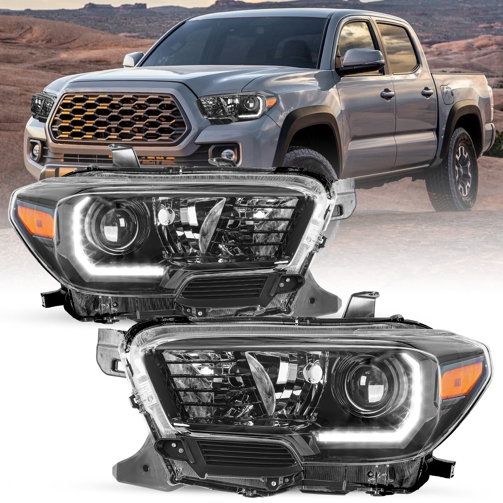 For 2016-2022 Toyota Tacoma w/ LED DRL Black Amber Headlights Corner ...