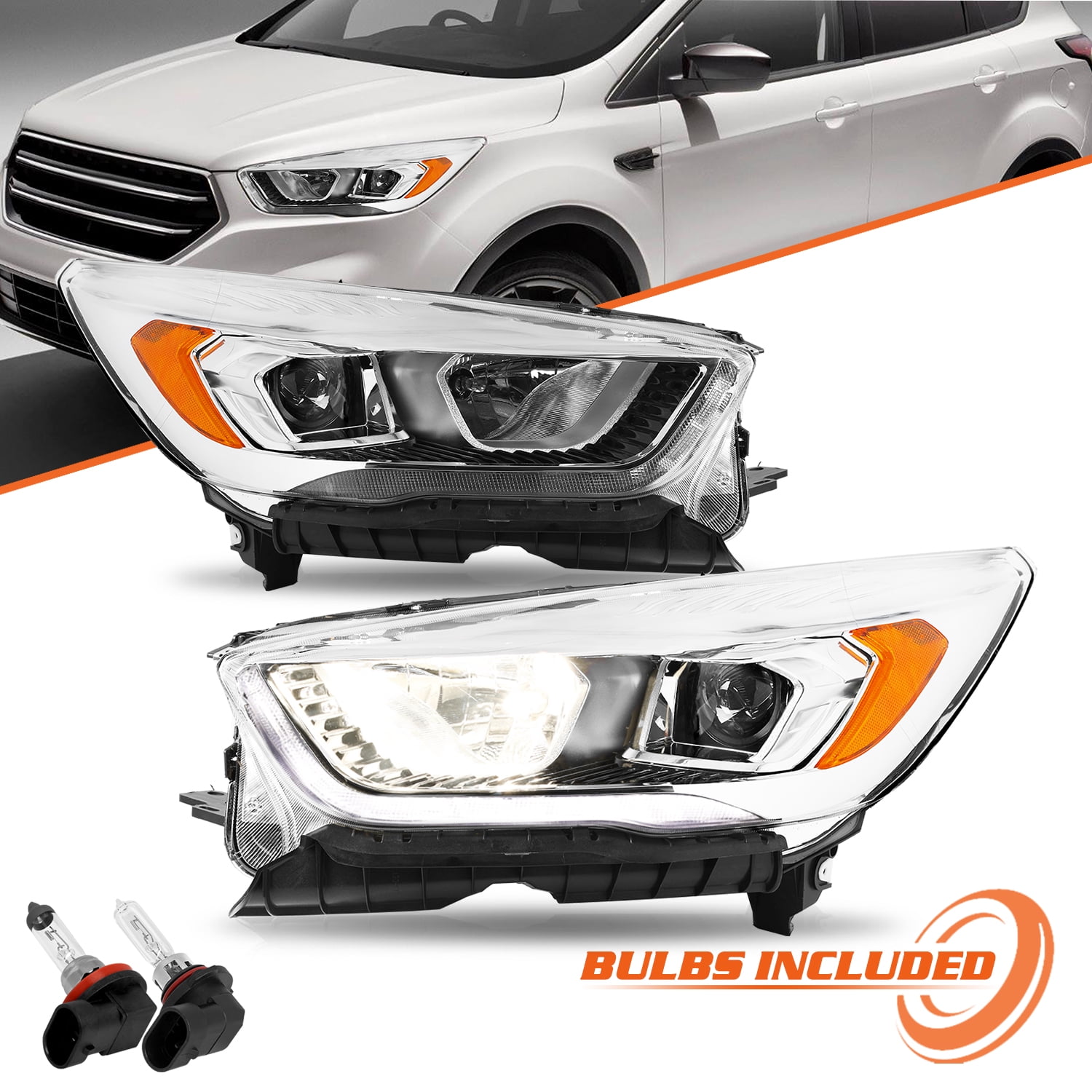 For 2017 2018 2019 Ford Escape Chrome Halogen w/LED DRL Headlights ...