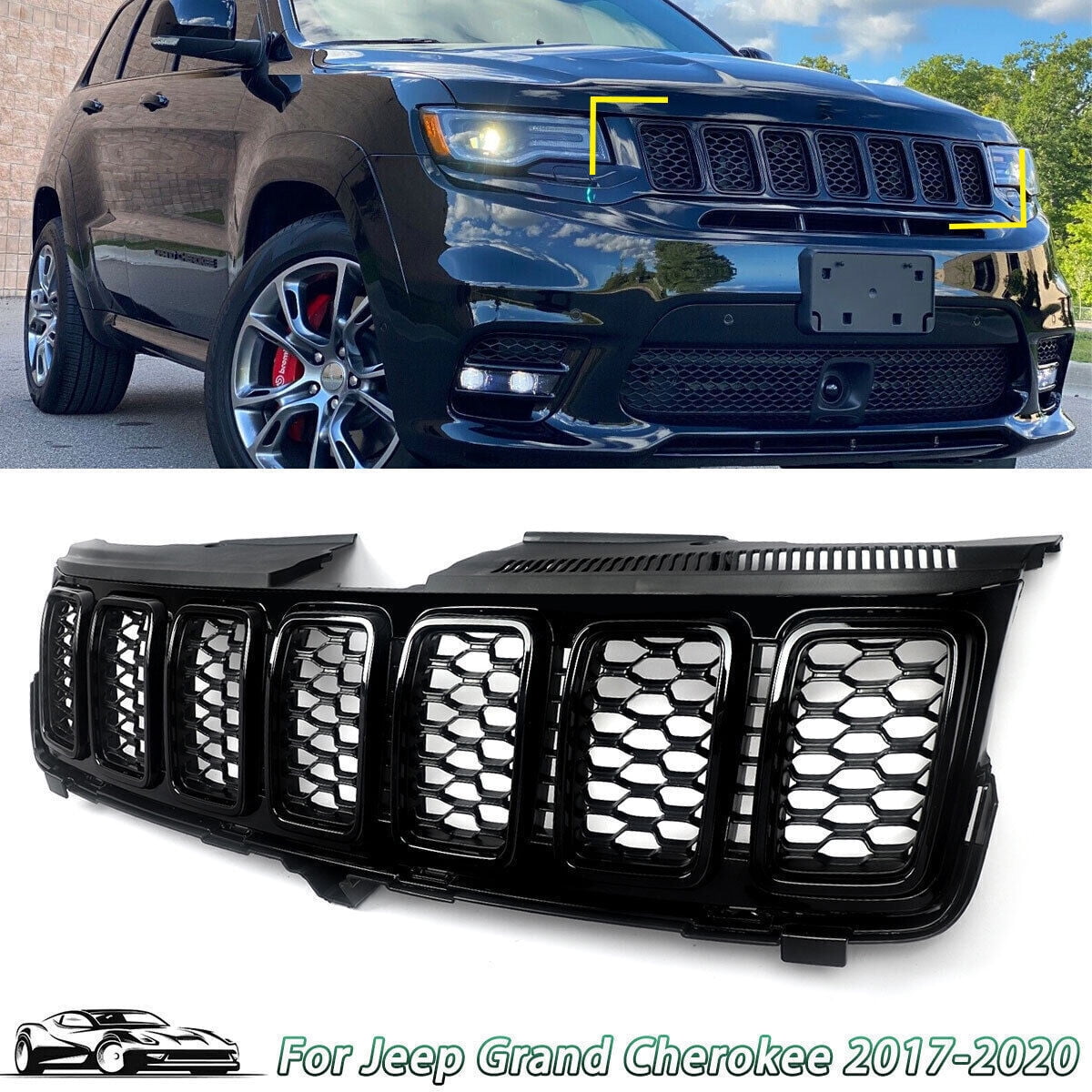 For 2017-2020 Jeep Grand Cherokee Front Bumper Upper Grille Gloss Black ...