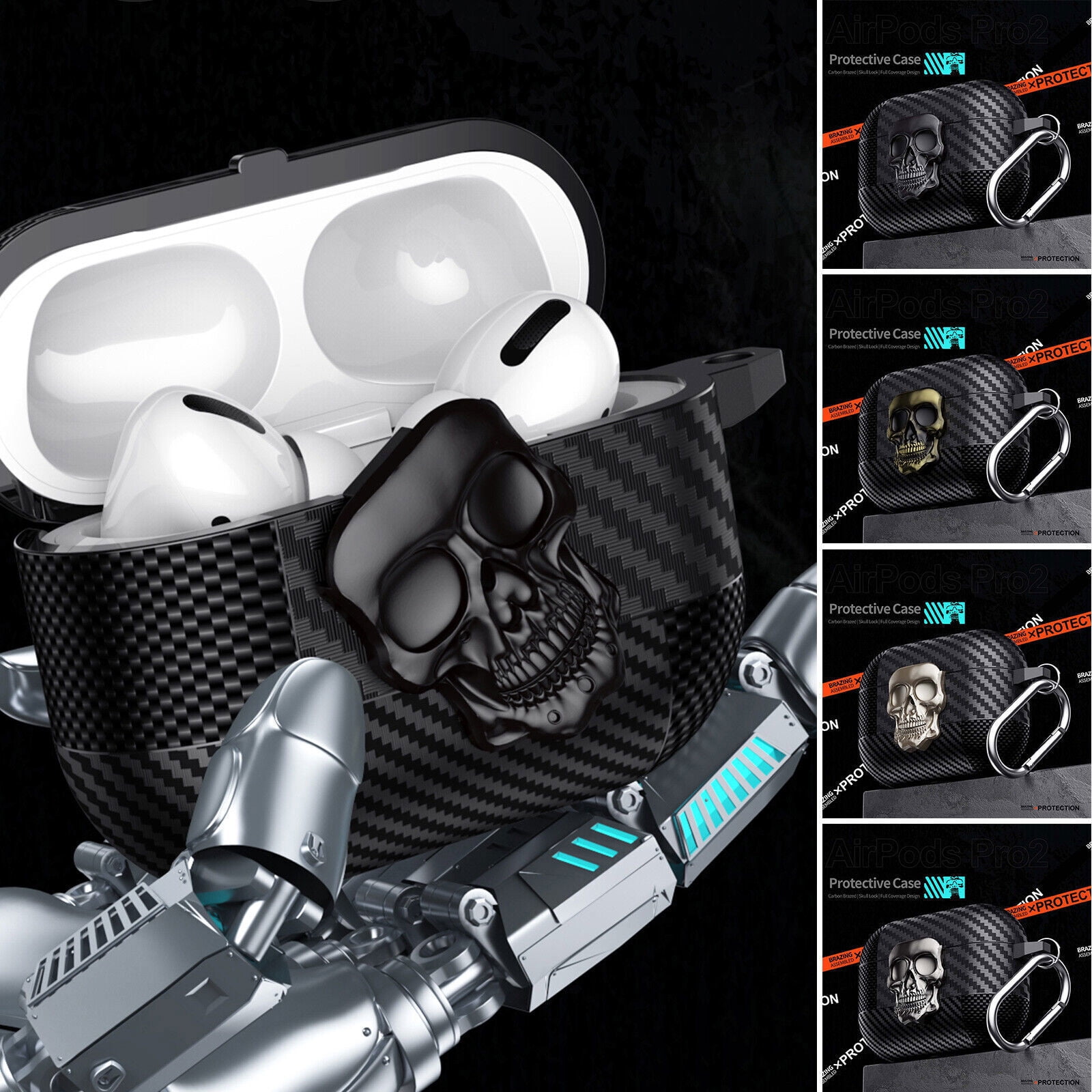 For Apple Airpods 4th Gen 2024 Case, Compatible with Mag Safe Carbon Fiber Texture Cool Skeleton ...