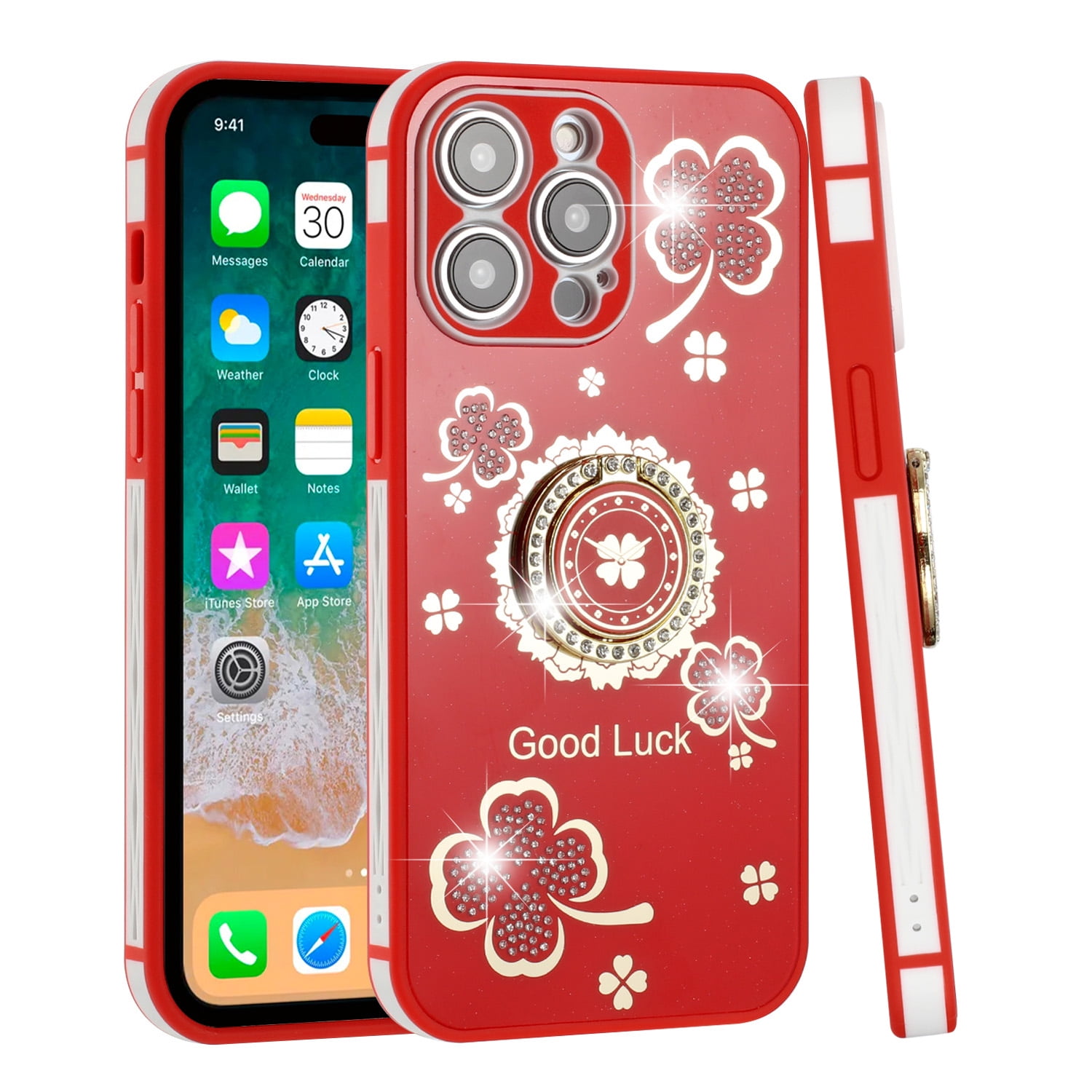 For Apple iPhone 14 PRO 6.1" SPLENDID Glitter Good Luck Floral Design ...