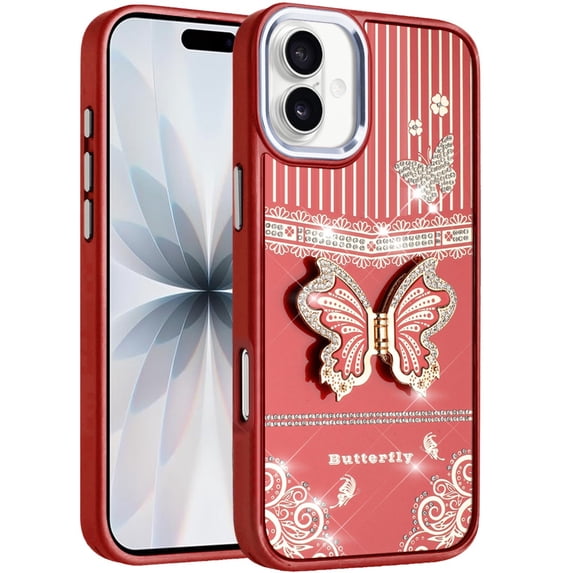 For Apple iPhone 17 (6.3") Glitter Butterfly Case with 3D Stand Sparkle ...