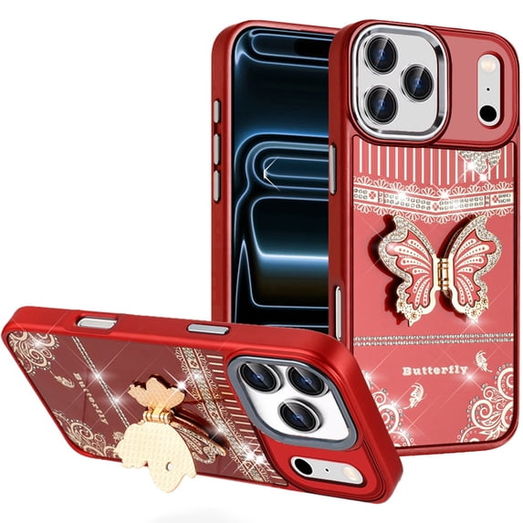For Apple iPhone 17 Pro Glitter Butterfly Case with 3D Stand Sparkle ...