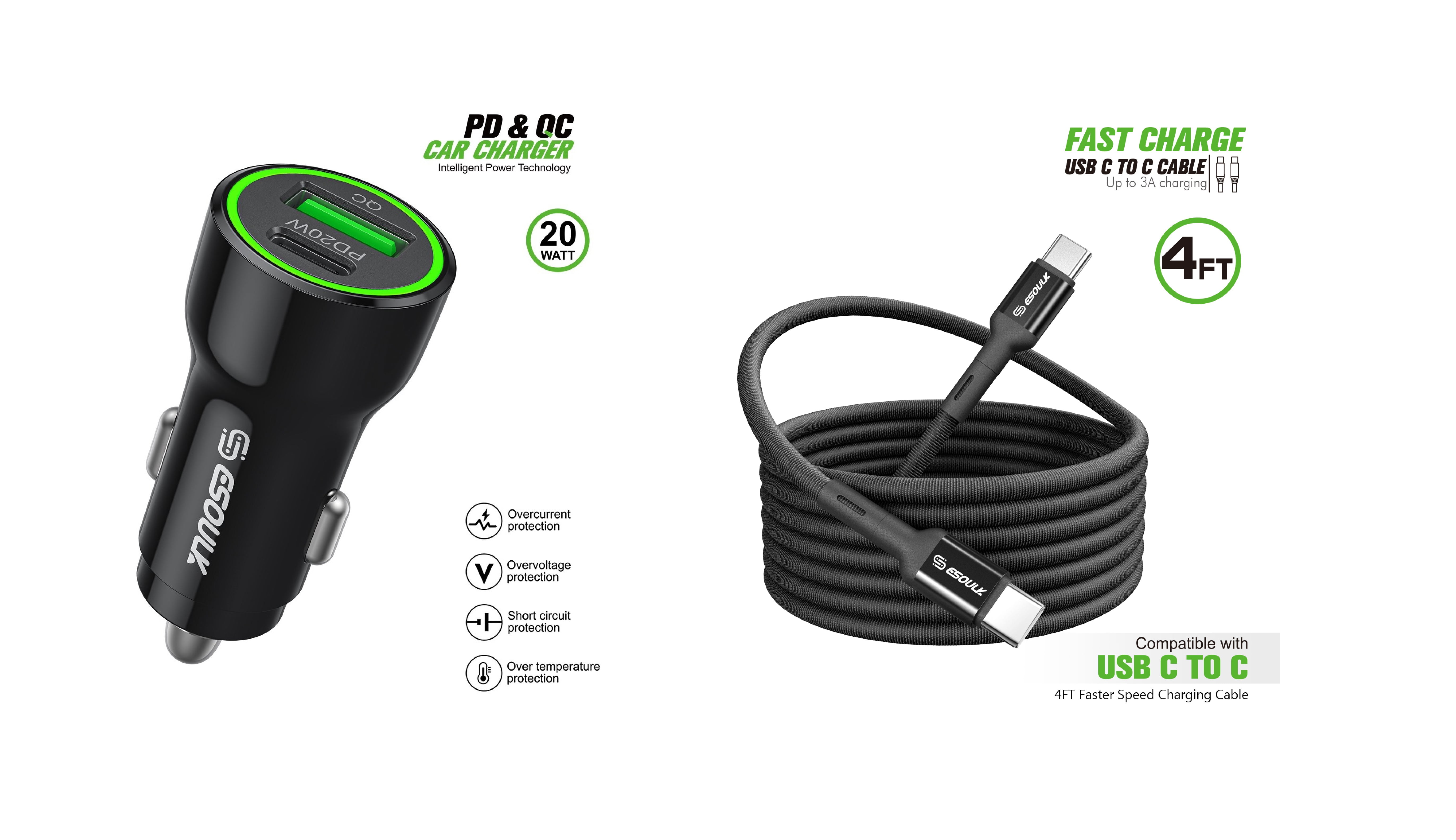 For BLU F5 Turbo Speed 20W Car Charger PD + 2.4A USB with 4ft C to C ...