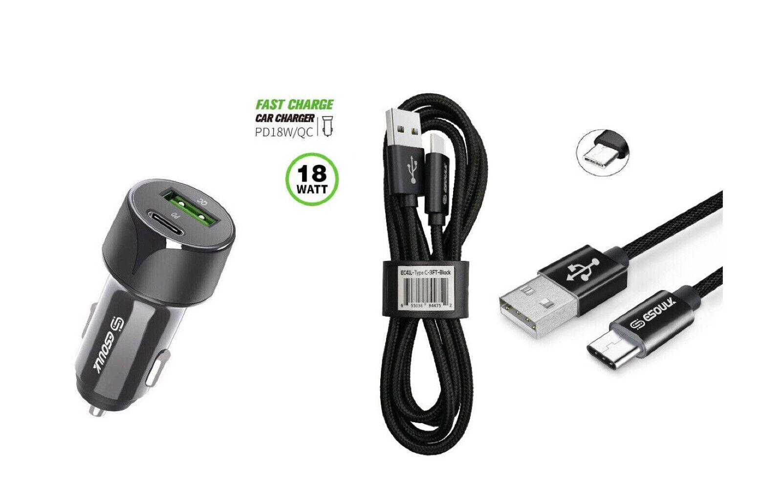 For Blu View 4 B135DL 18W Car Charger PD + 2.4A USB with 3ft A to C ...