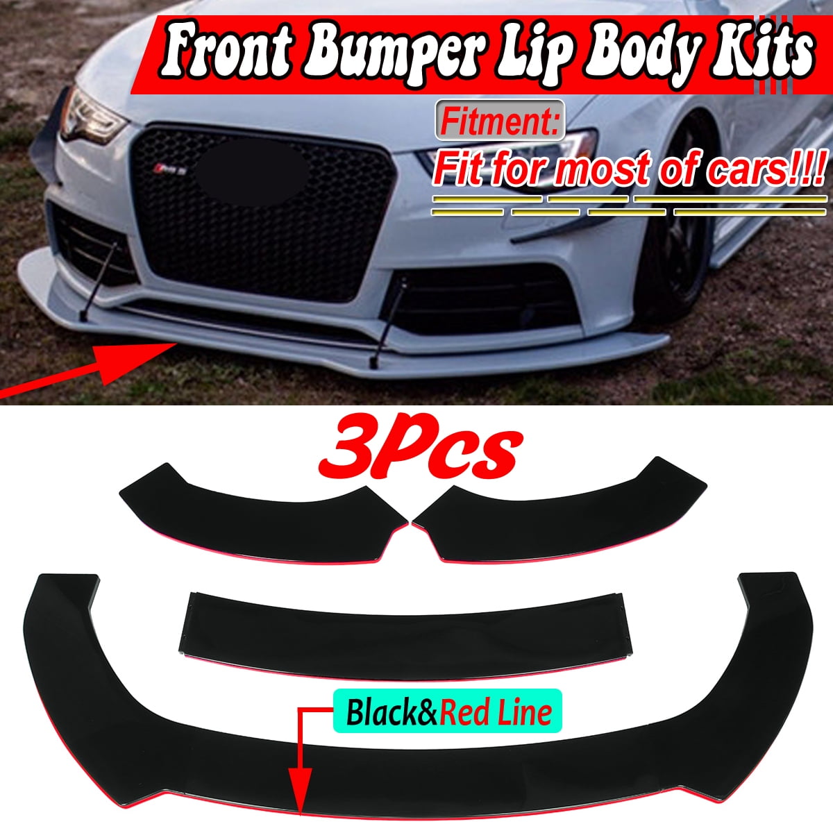 For Car Universal Front Lip Chin Bumper Body Kits Black With Red Color ...
