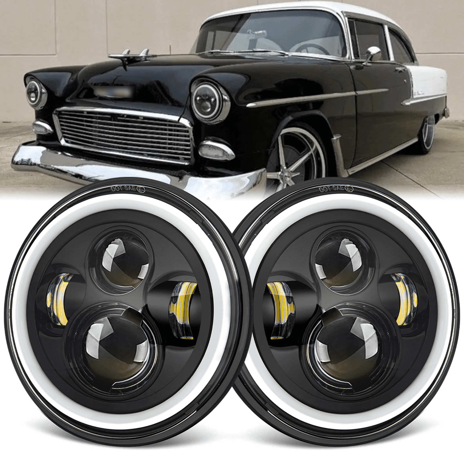 For Chevy Bel Air 1950-1955 1956 1957 Pair Halo DRL Black 7inch Round ...