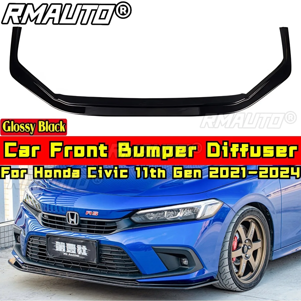 For Civic Body Kit Front Bumper Lip Carbon Fiber Look RS Style Bumper ...