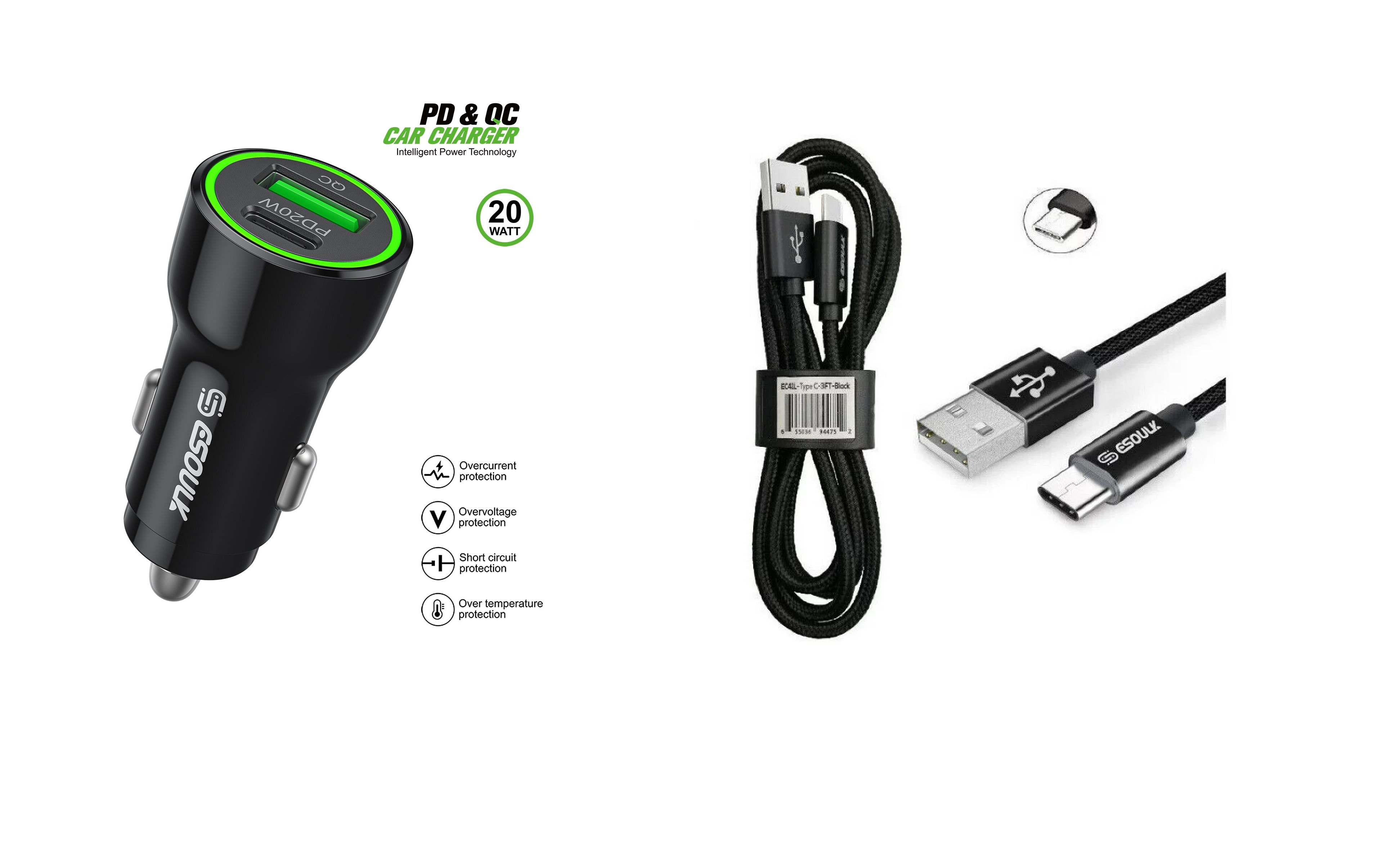 For Cloud Mobile Stratus C8 20W Car Charger PD + 2.4A USB with 3ft A to ...
