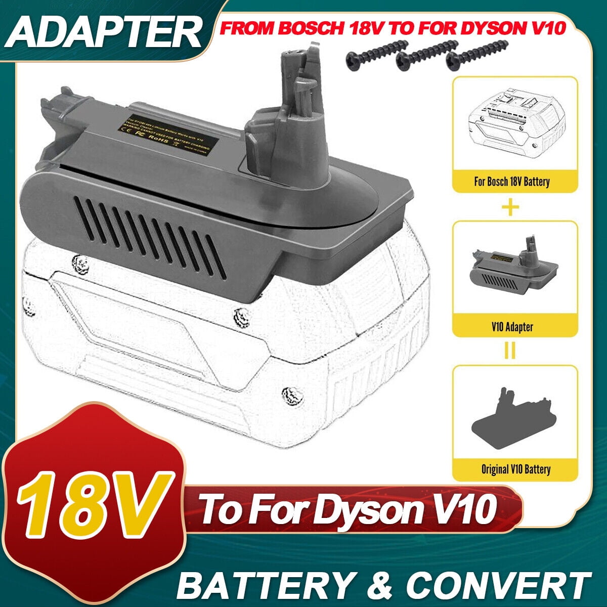 For Dyson V10 Battery Replacement, V10 Adapter for Bosch 18V Li-ion ...