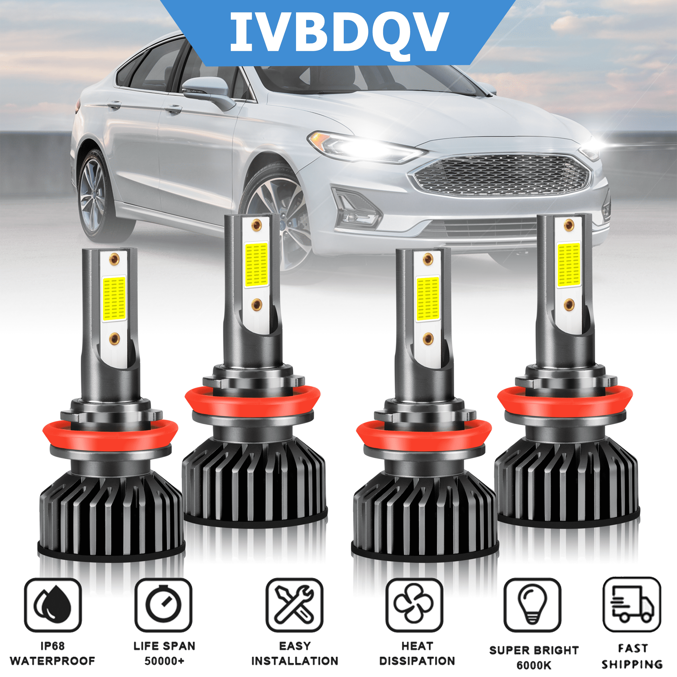 For Ford Fusion 2019-2020 H11+H11 LED Headlights Combo High Low Beam ...