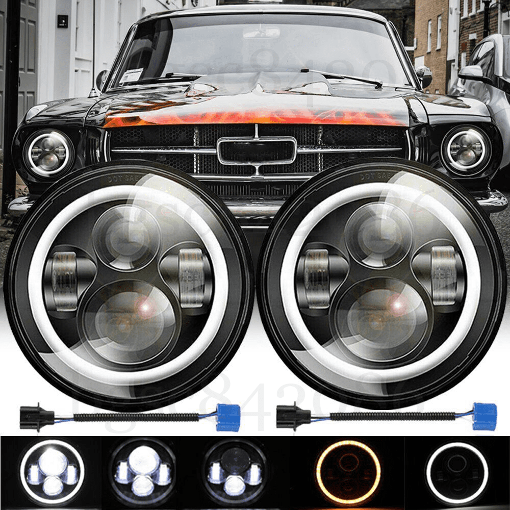 For Ford Mustang 1965-1978 7" INCH Round LED Headlights Halo DRL Angel ...