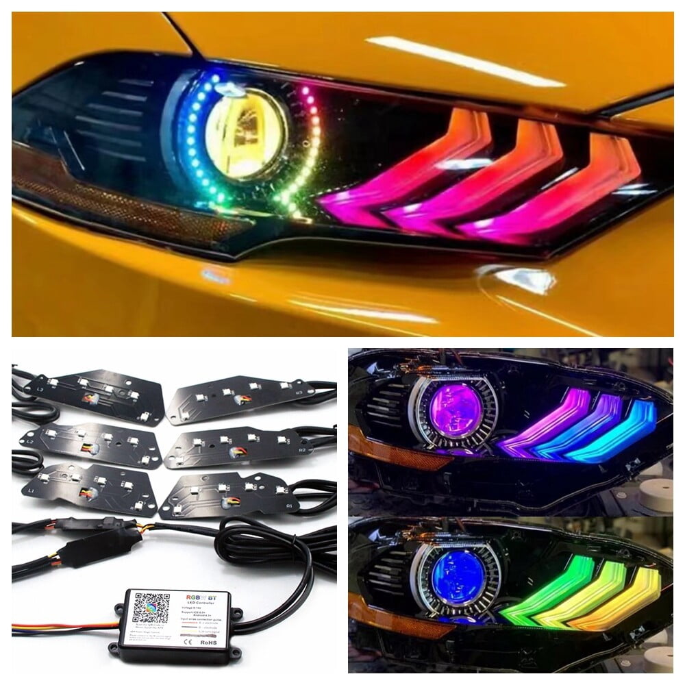 For Ford Mustang 2018-2020 RGBW LED Angel Eyes Board Headlight DRL APP ...
