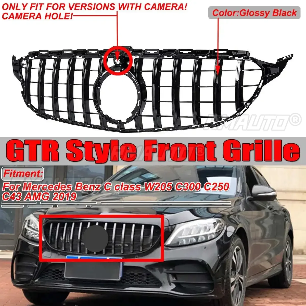 For GTR GT W205 Grill Car Front Grill Grille With Camera For Mercedes ...