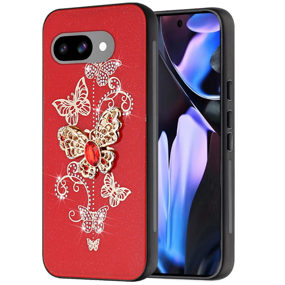 For Google Pixel 9A Case, Diamonds 3D Butterfly Bling Sparkly Glitter Ornaments Engraving Hybrid ...