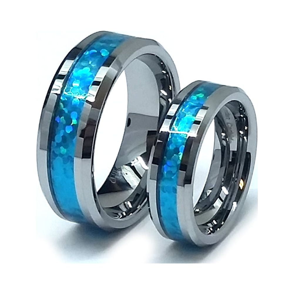 For Him & Her 8MM/6MM Tungsten Carbide Hawaiian Blue Inlay Wedding Band ...