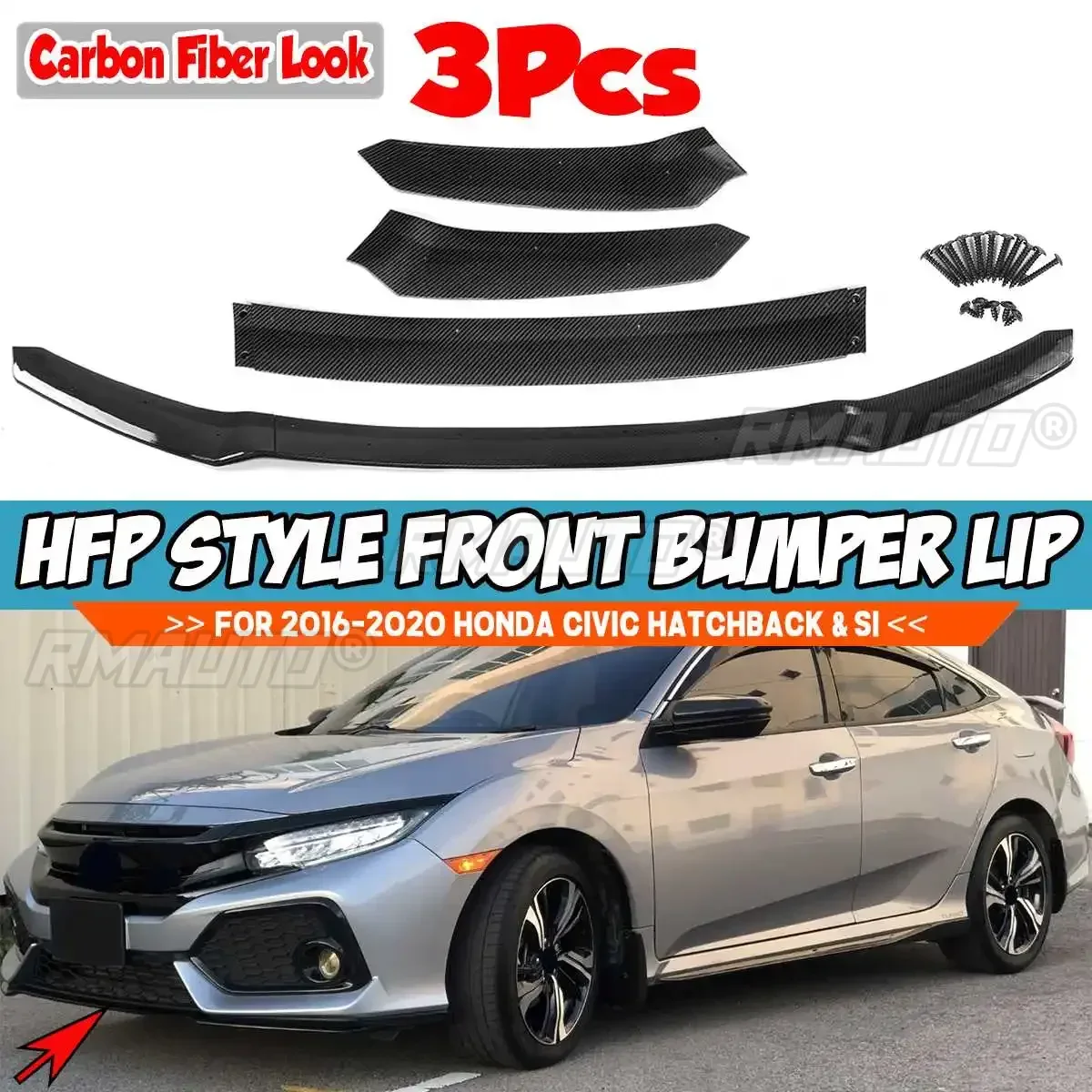 For Honda Civic Hatchback & Si 2016-2020 Car Front Bumper Lip Spoiler ...
