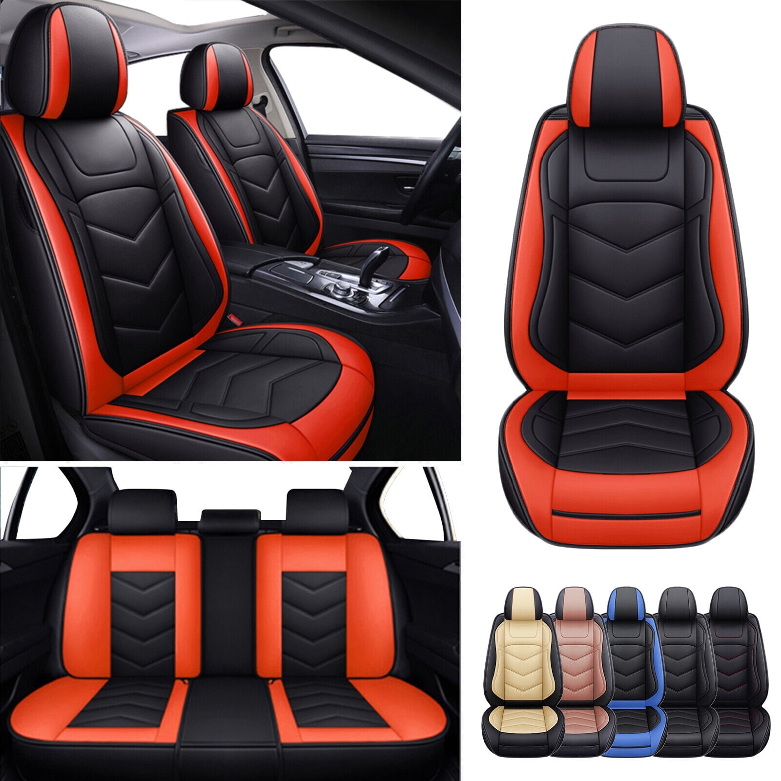 FANOTEK Black Red PU Leather Breathable Anti Slip Front and Rear Seat Covers 5 Pieces