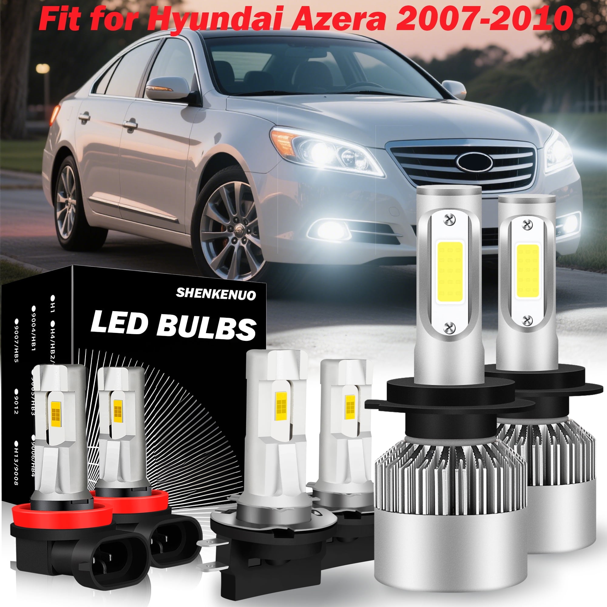 For Hyundai Azera 2007-2010 6000K 6x LED Headlight Bulbs H7+H11B High Low Beam + H11/H8/H9 Fog ...