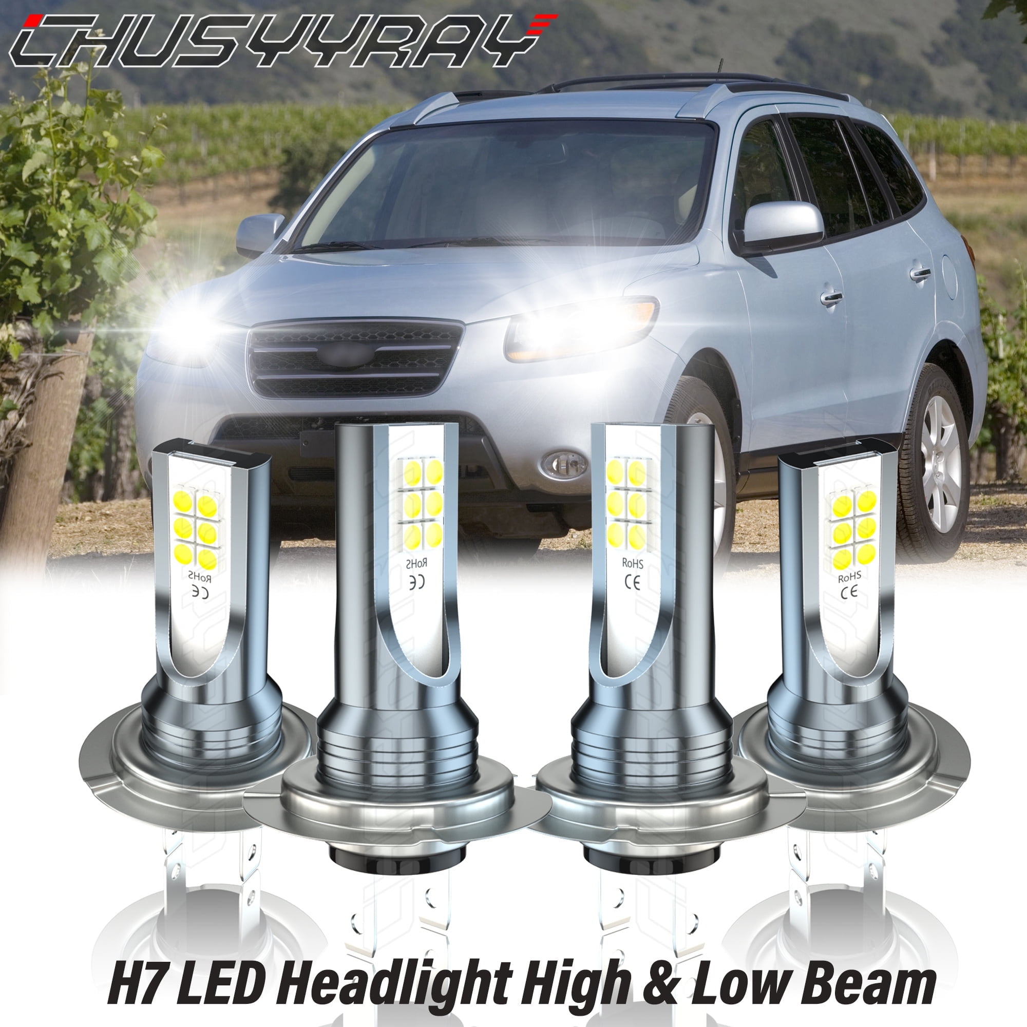 For Hyundai Santa Fe 2007 2008 2009 - H7 LED Front Headlight High Low ...