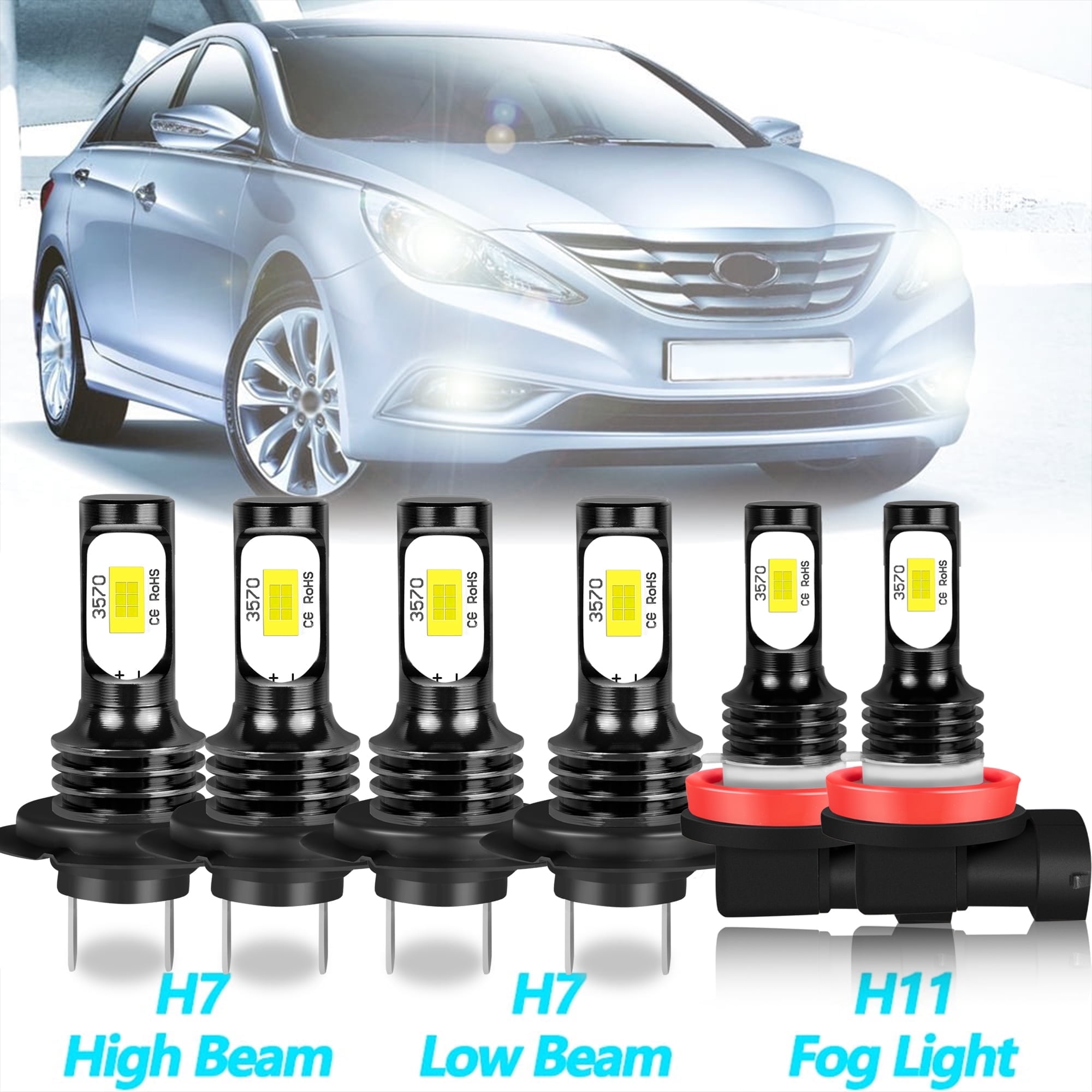 For Hyundai Sonata 2011-2014 6X LED Headlight Hi/Lo Bulbs + Fog Lamp ...