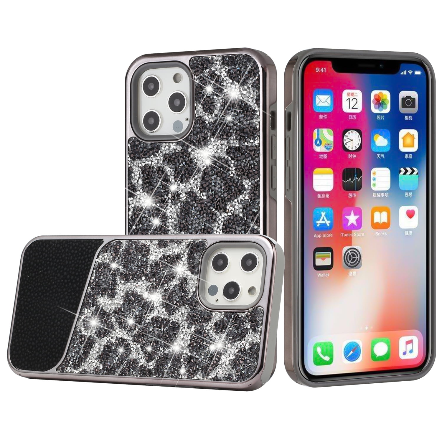 For Iphone 14 Plus Bling Animal Design Glitter Hybrid Case Case - Black ...
