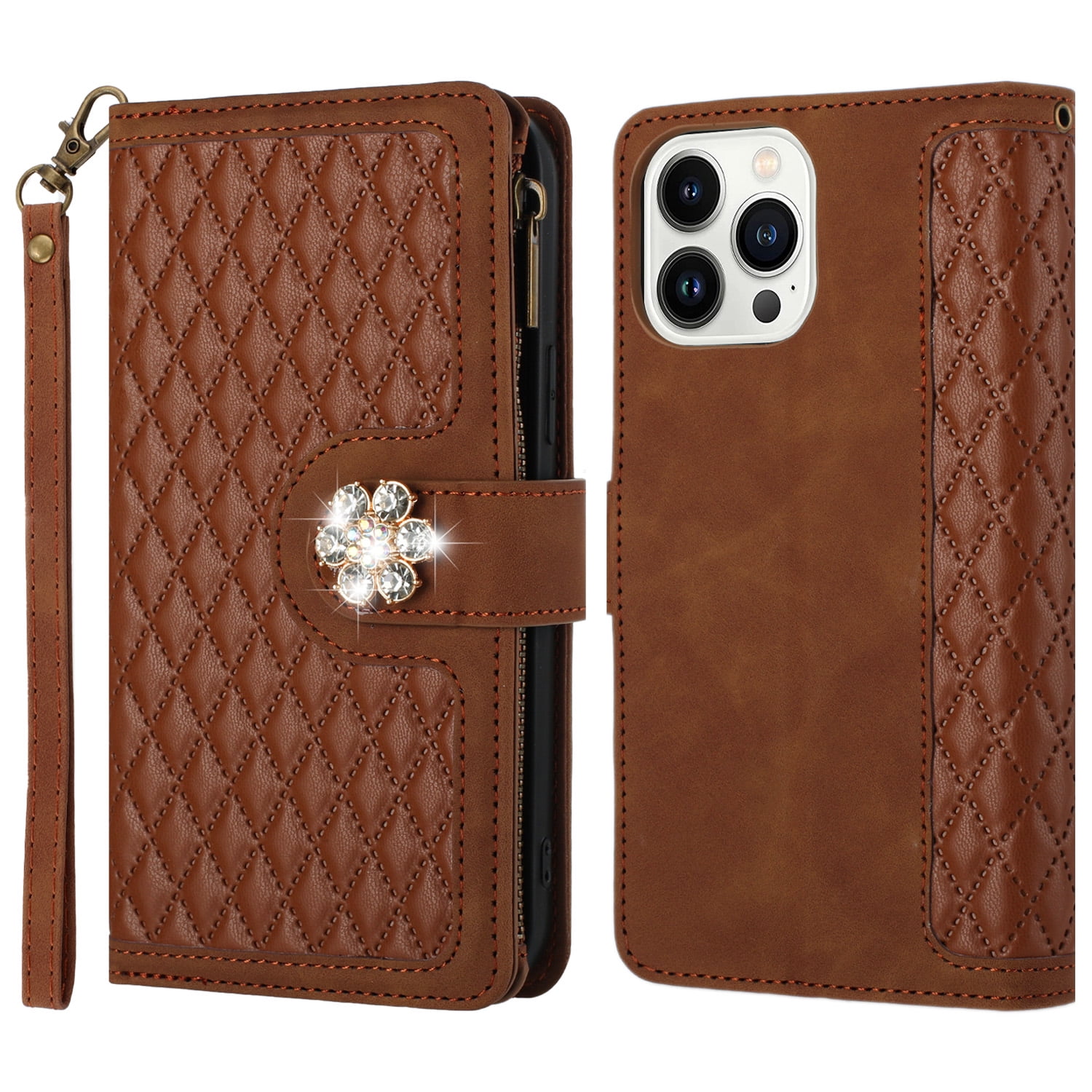 For iPhone 15 Jewel Wallet Design with Stitched PU Leather ID Card ...