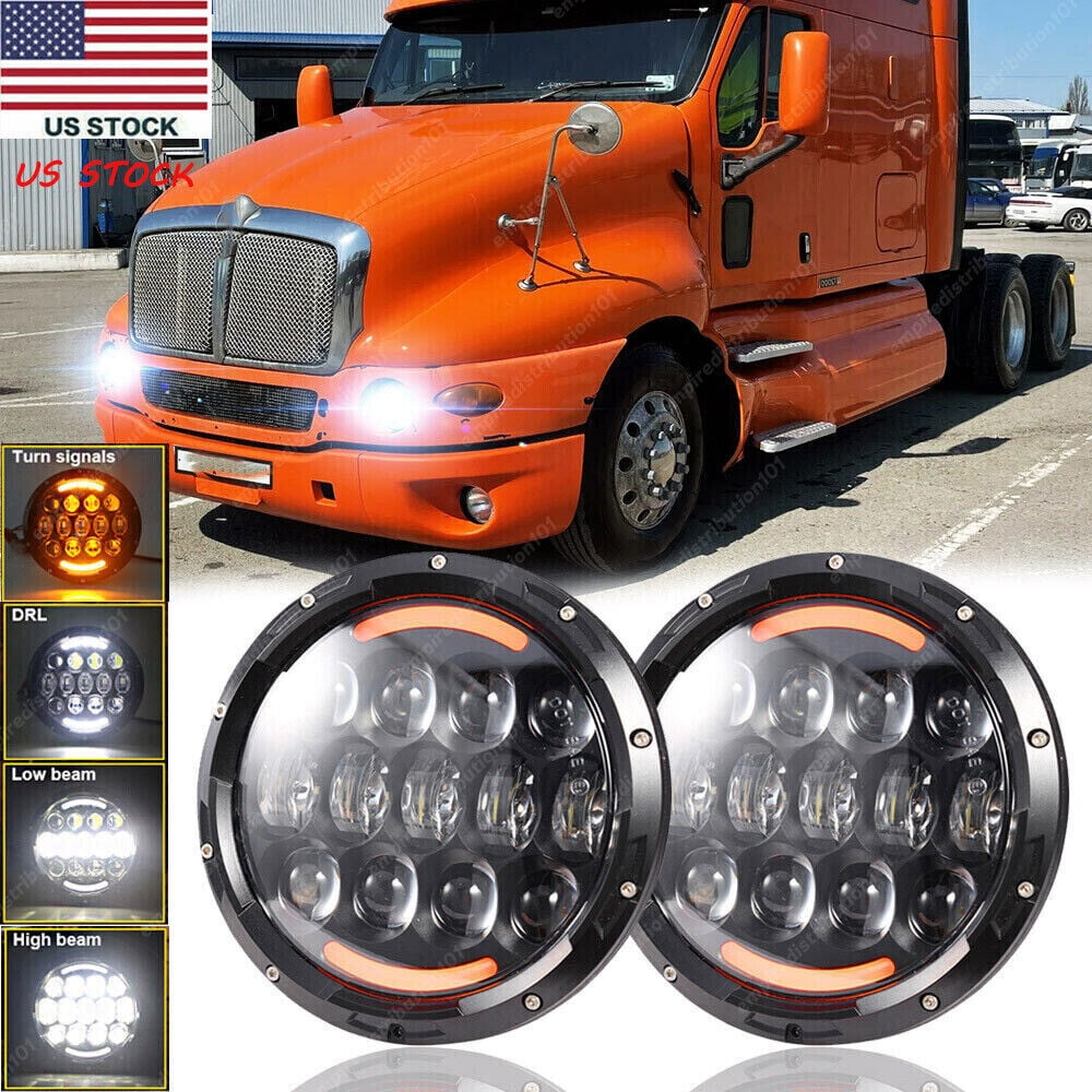 For Kenworth T2000 1997-2011 Pair 7inch Round LED Headlights Hi/Lo Beam ...