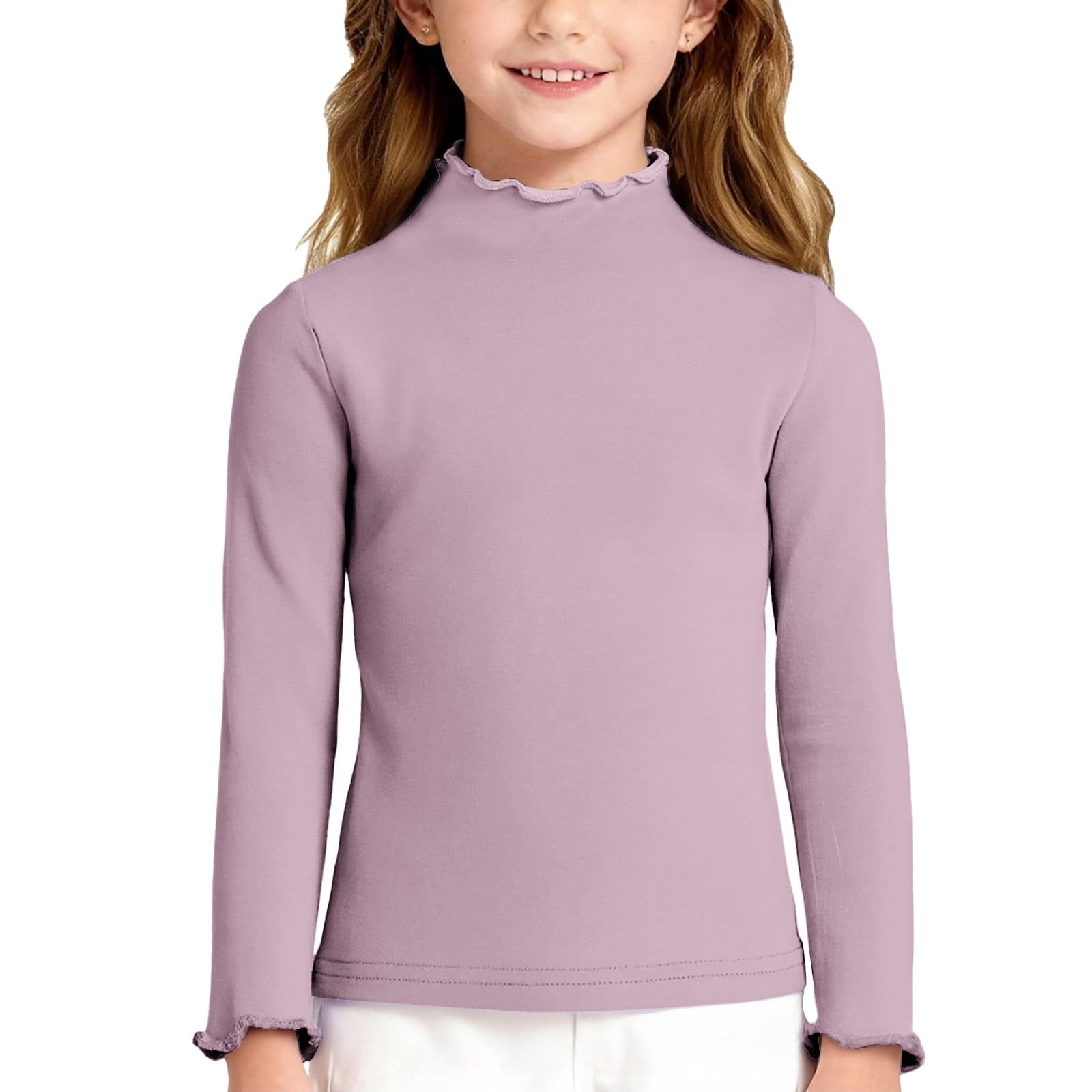 For Kids Lettuce Edge Trim Mock Neck Long Sleeve Slim Fit T-Shirt Tops ...