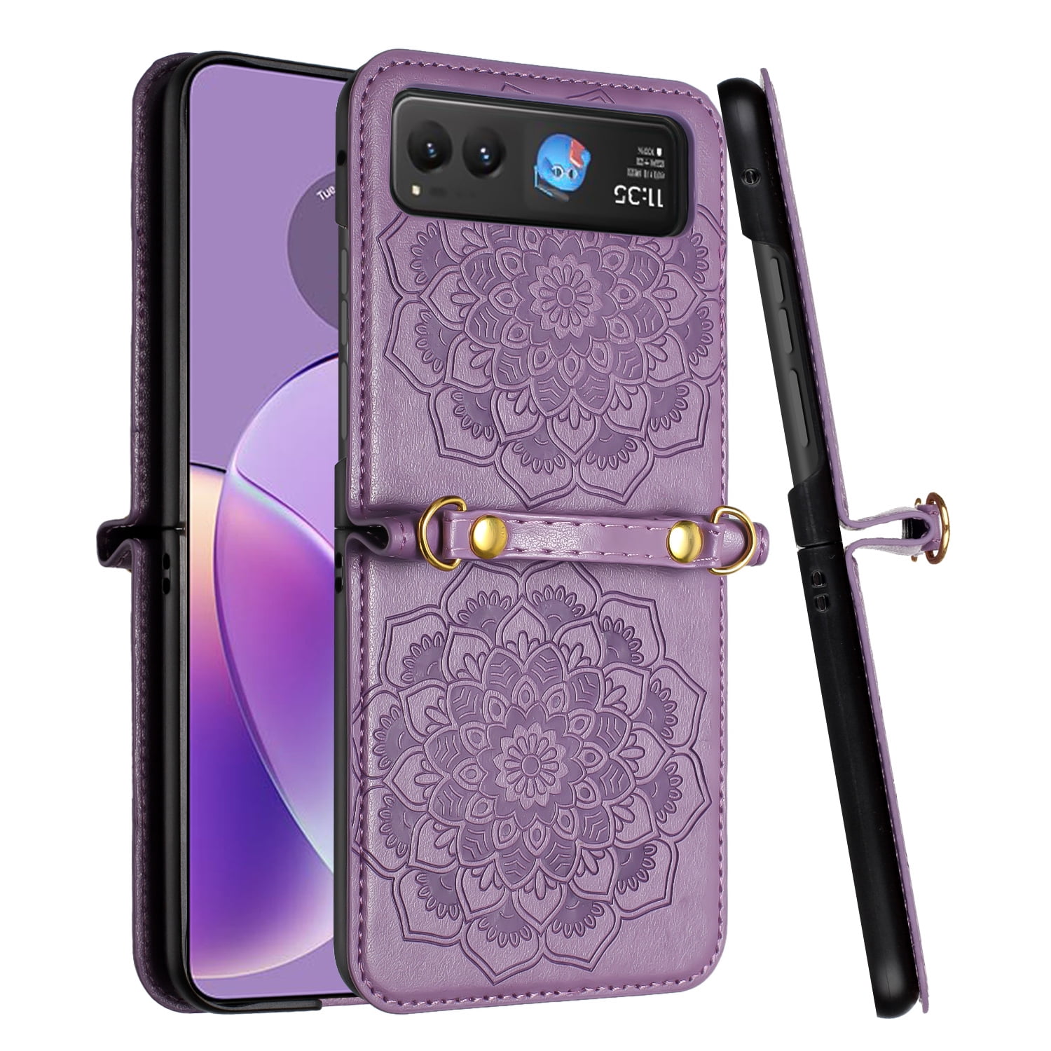 For Motorola Razr 2023 Embossed Floral Design Case Cover with Strap ...