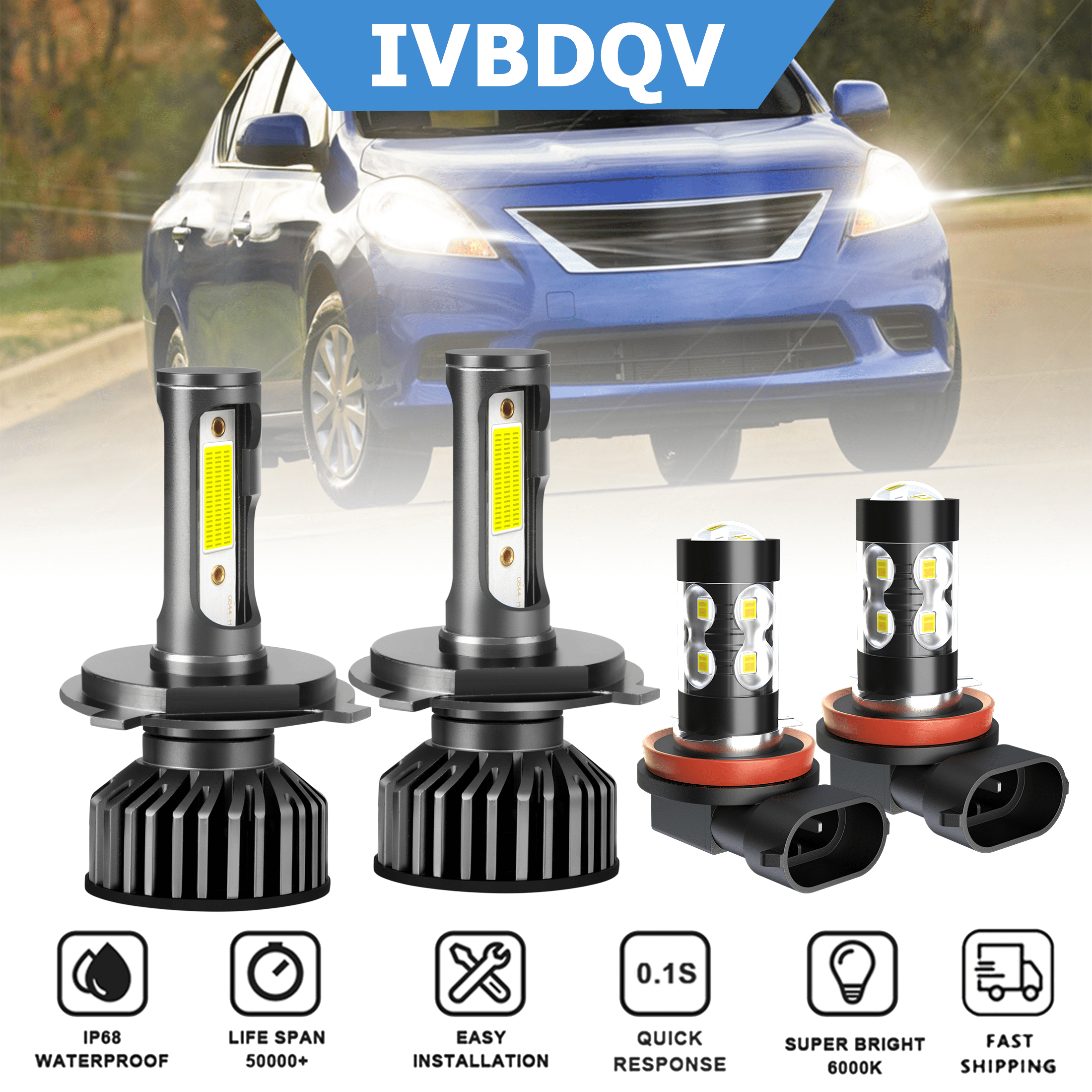 For Nissan Versa 2007-2012 LED Headlights Combo H4 High/Low Beam + H11 ...