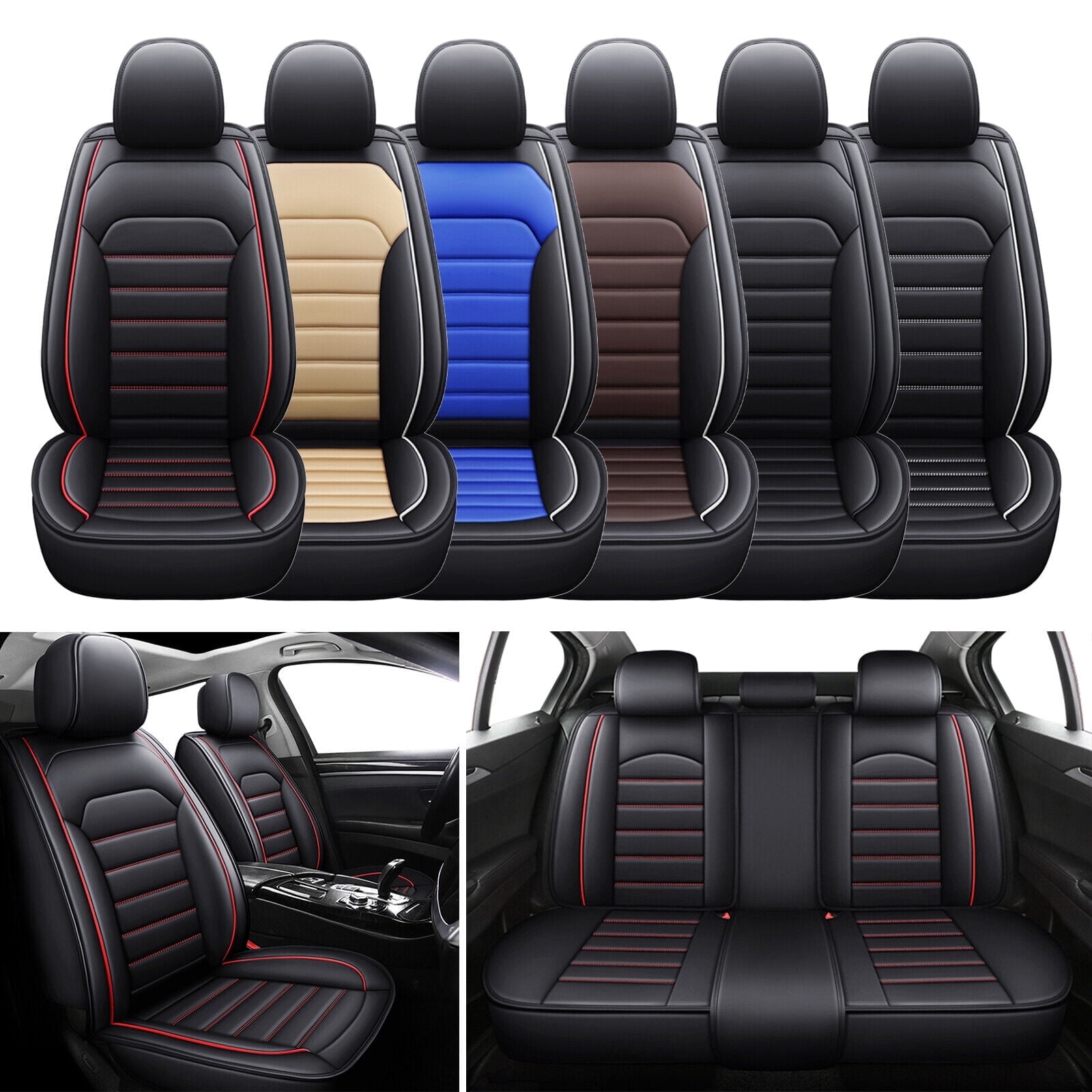 FANOTEK Black, PU Leather, Waterproof, Full Set Seat Covers, 5 Pieces ...