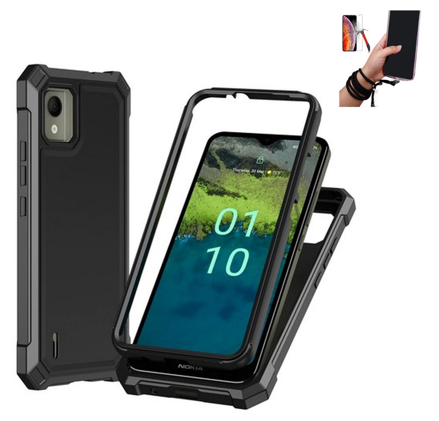 For Nokia C110 Case ShockProof BP-Hybrid Black/ Tempered Glass /Wrist ...