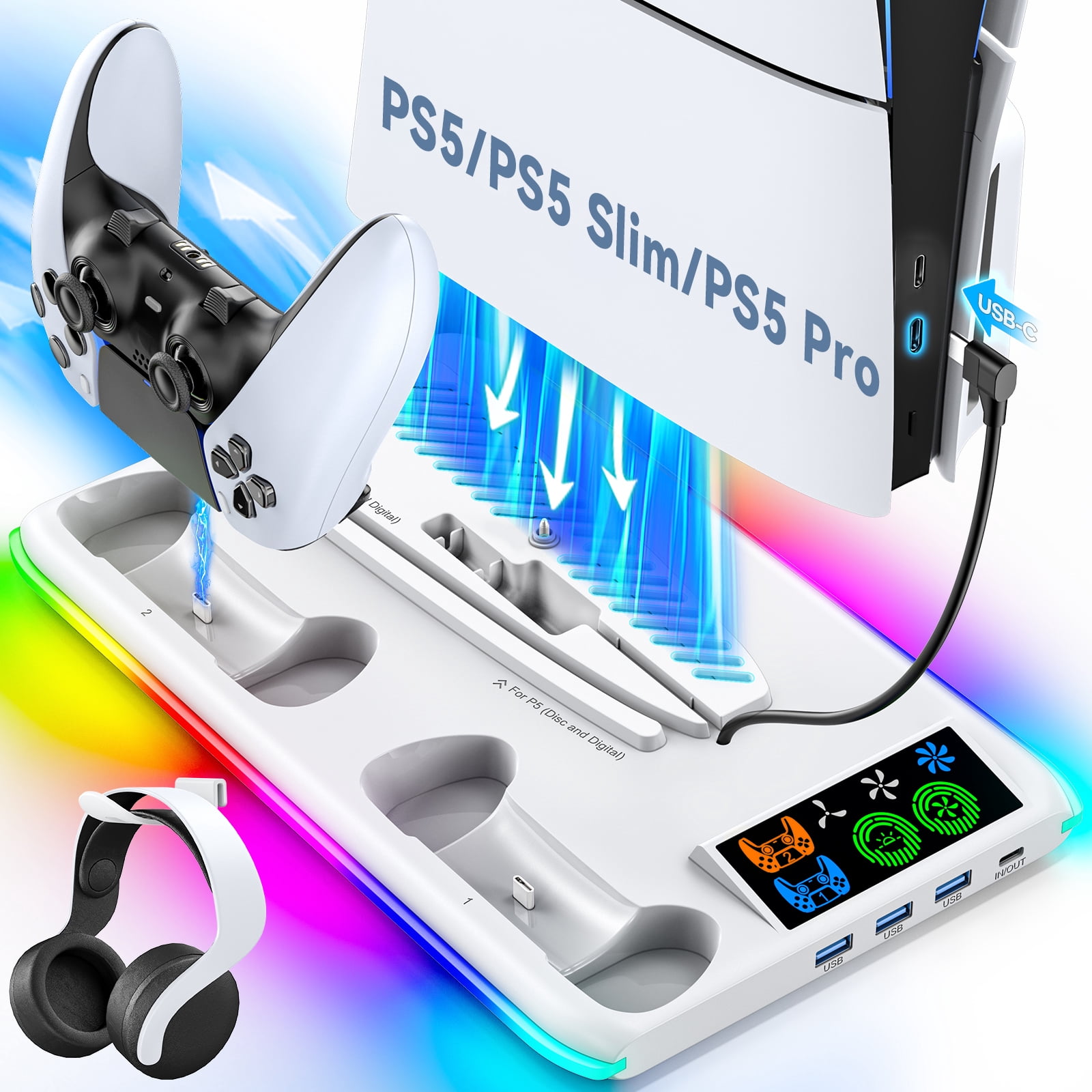 For PS5/PS5 Slim/PS5 Pro Stand with Headphone Hook, Controller Charger ...