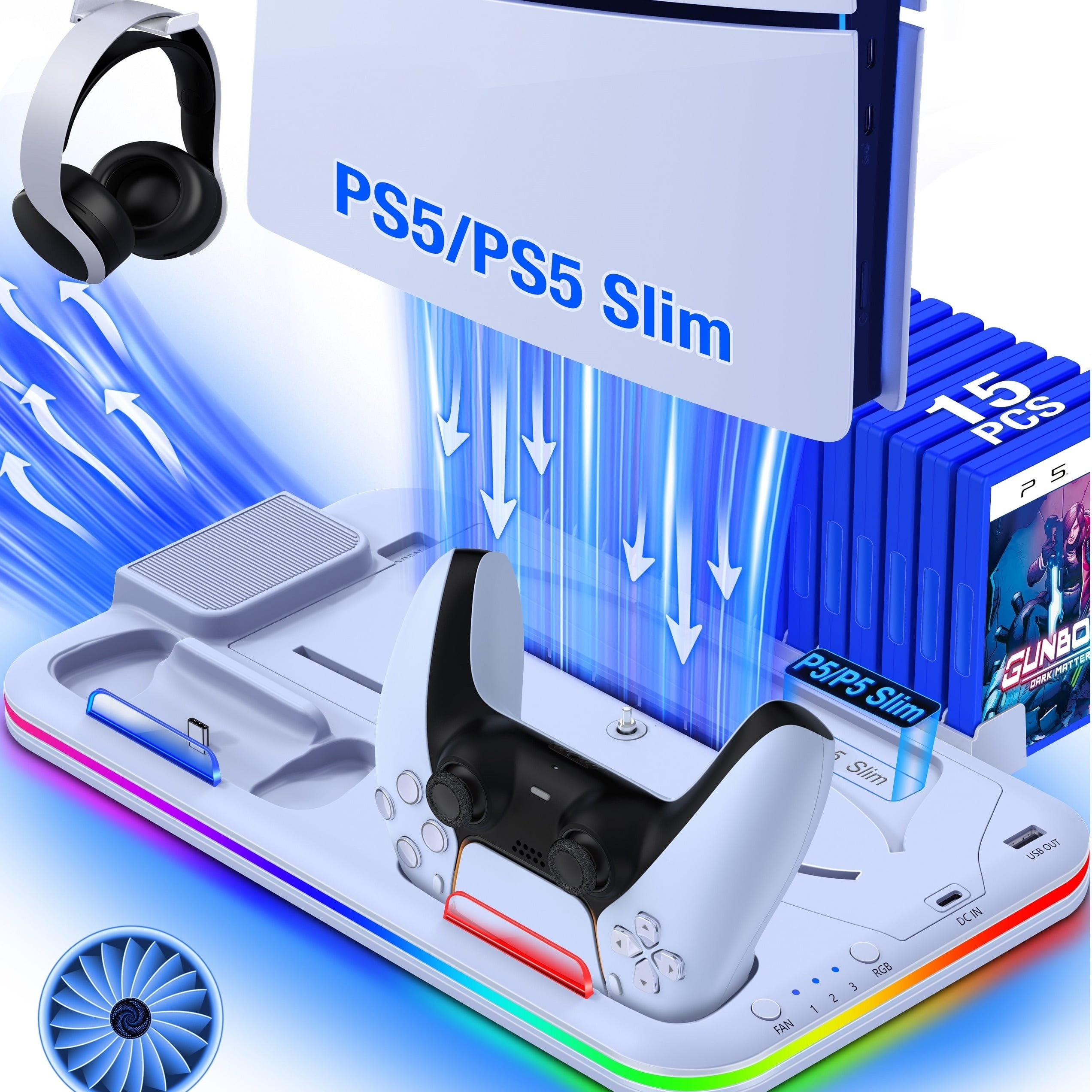 For PS5 Stand Cooling Fan For PS5 Slim, PS5 Digital & Disc Version With ...