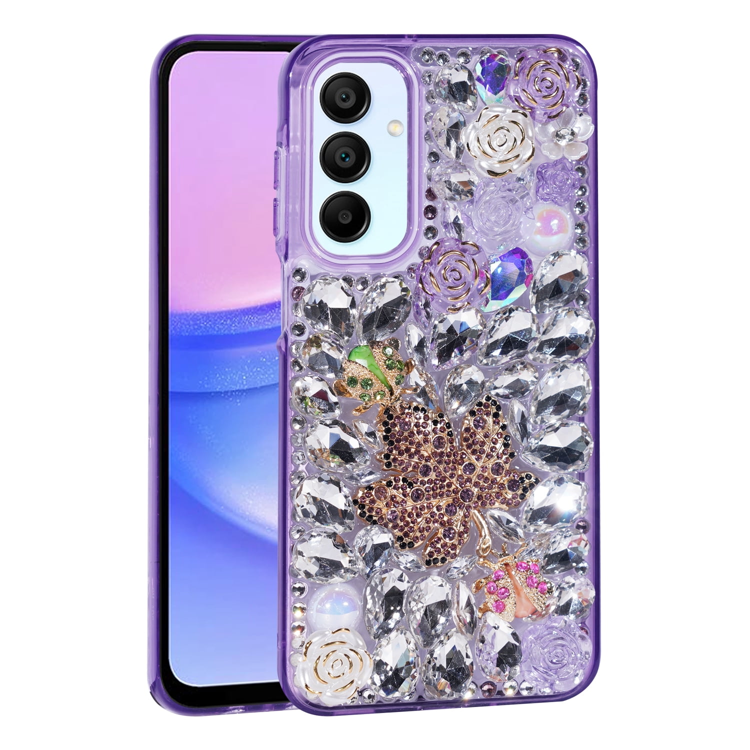 For Samsung Galaxy A16 5G / SM-A166 Luxury Diamond Rose 3D Leaf Design ...