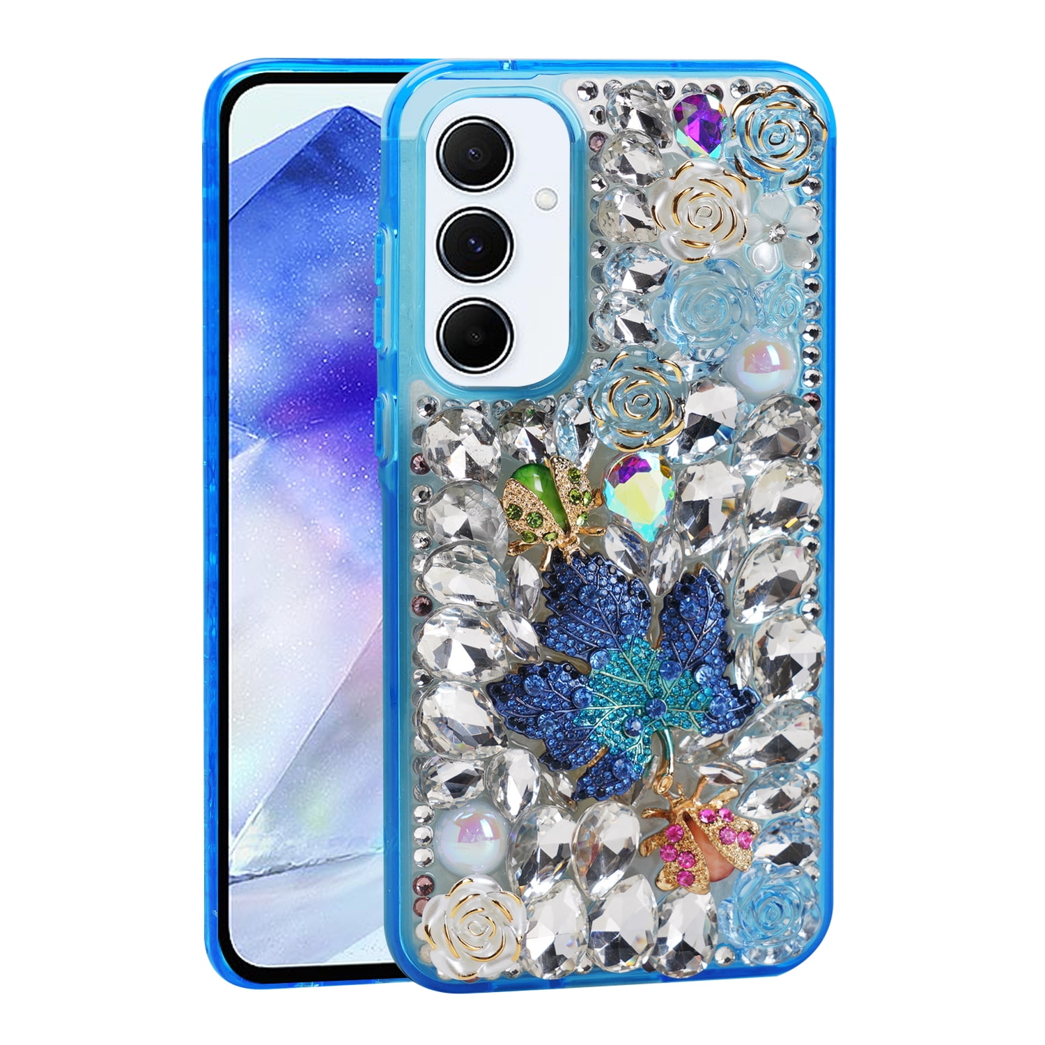 For Samsung Galaxy A55 5G / SM-A556 Luxury Diamond Rose 3D Leaf Design ...