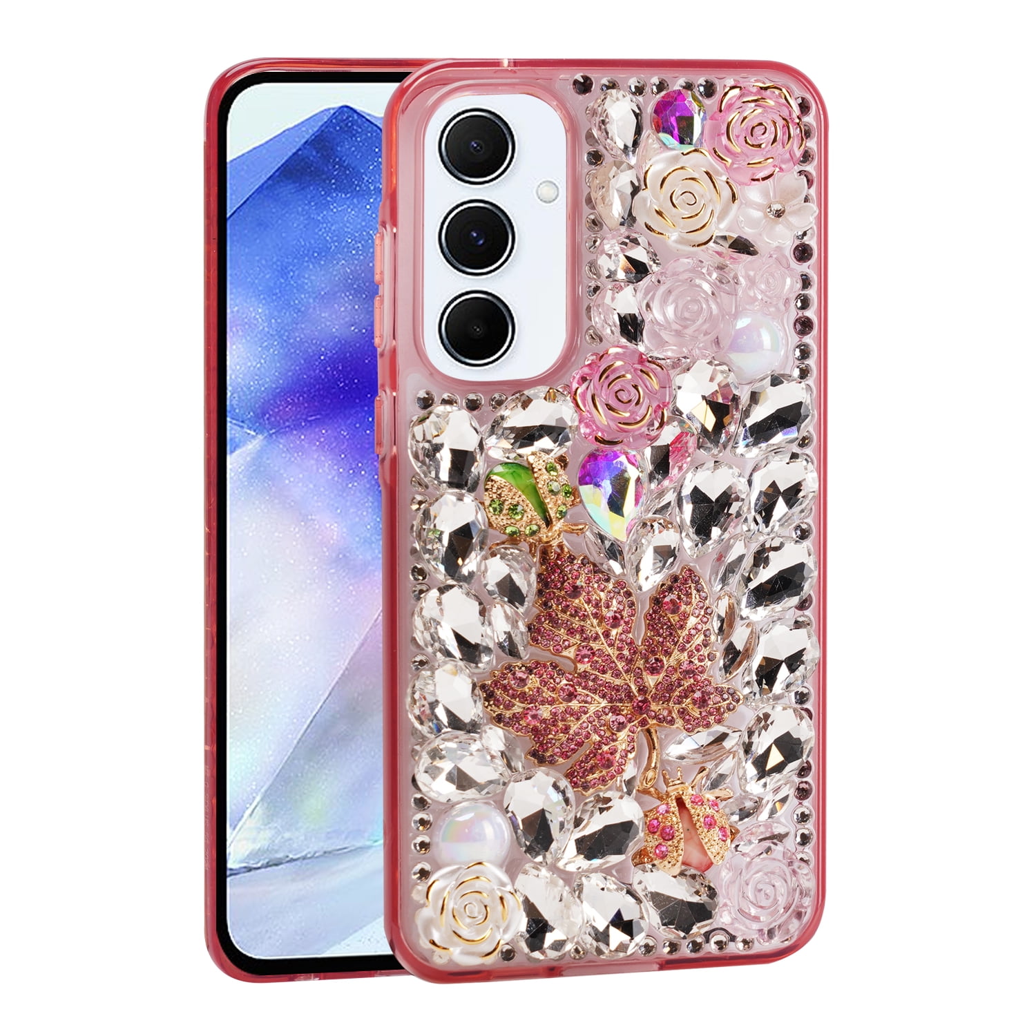 For Samsung Galaxy A55 5G / SM-A556 Luxury Diamond Rose 3D Leaf Design ...