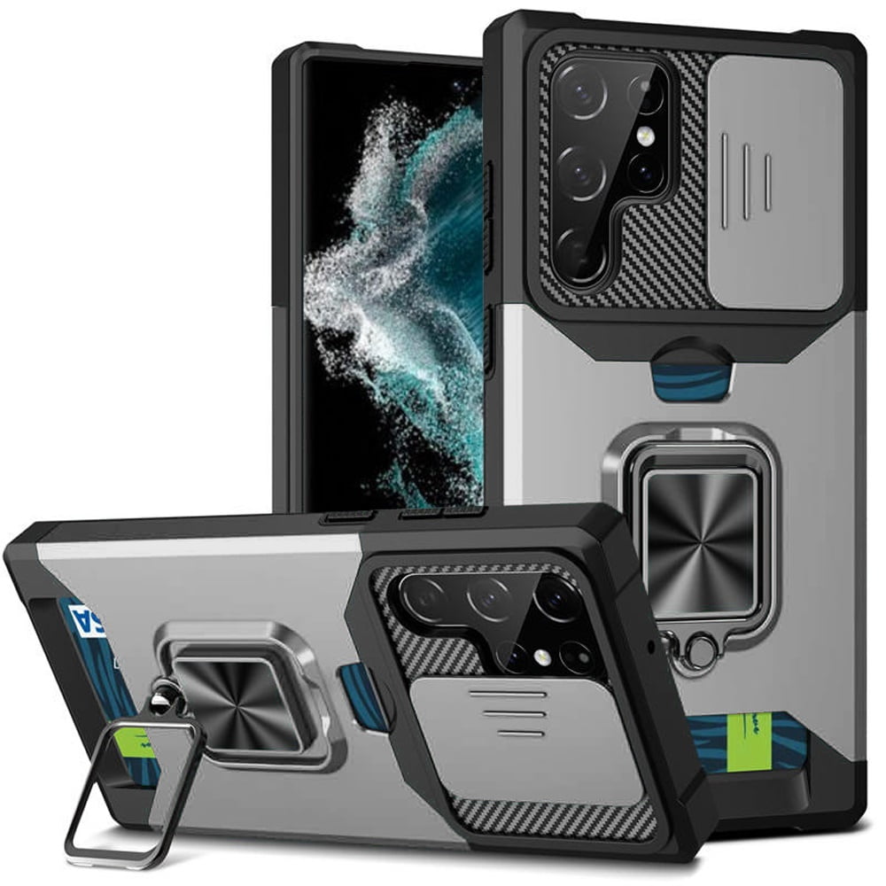 For Samsung S23 Multi-Functional Card Magnetic Ring Stand Hybrid Camera ...