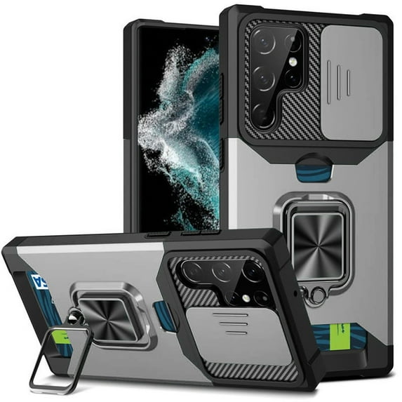 For Samsung S23 Multi-Functional Card Magnetic Ring Stand Hybrid Camera ...