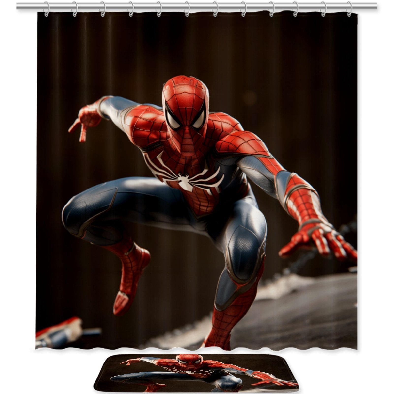 For Spiderman Pongee Shower Curtain and Polyester Floor Mat Set ...