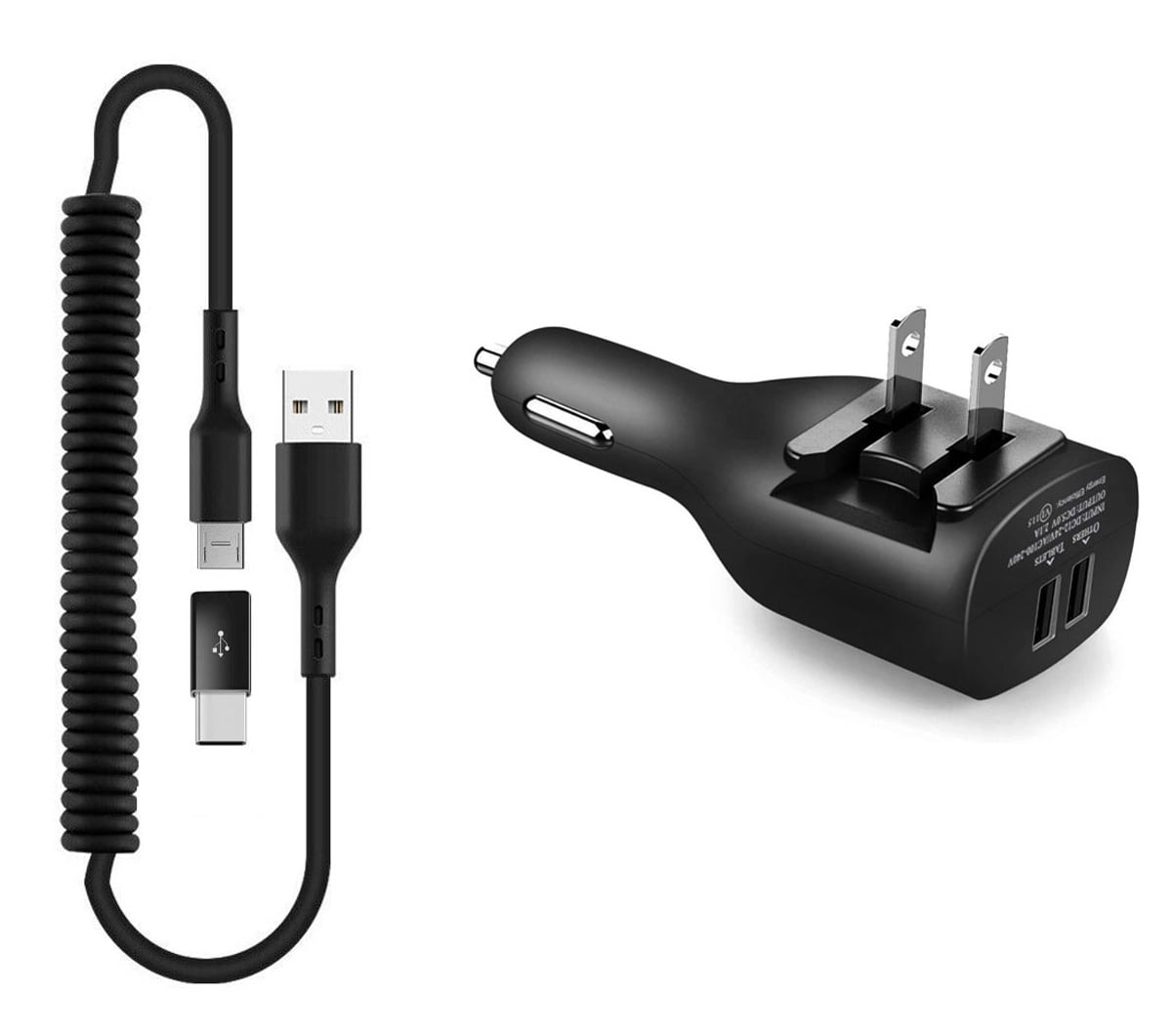 For TCL 30/40 XE 5G - 2-in-1 Car Home Charger, Coiled USB Cable Micro-USB to USB-C Adapter ...