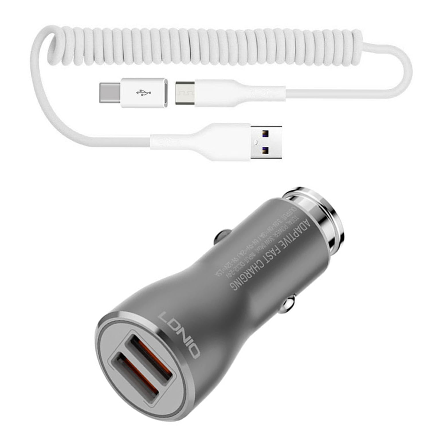 For TCL ION X - Car Charger 36W Fast 2-Port USB Coiled Cable Type-C ...