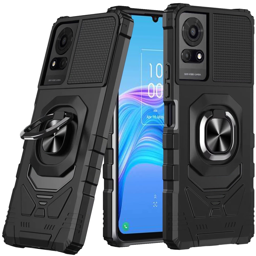 For TCL K23 Robotic Ring Kickstand Phone Case + Tempered Glass - Black ...