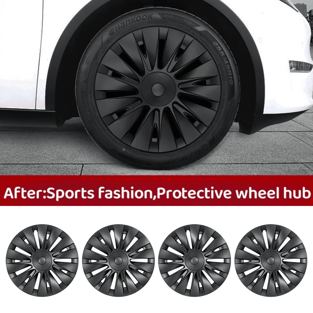 For Tesla Model Y Hubcaps 19" Full Coverage 4Pcs Matte Black Wheel ...