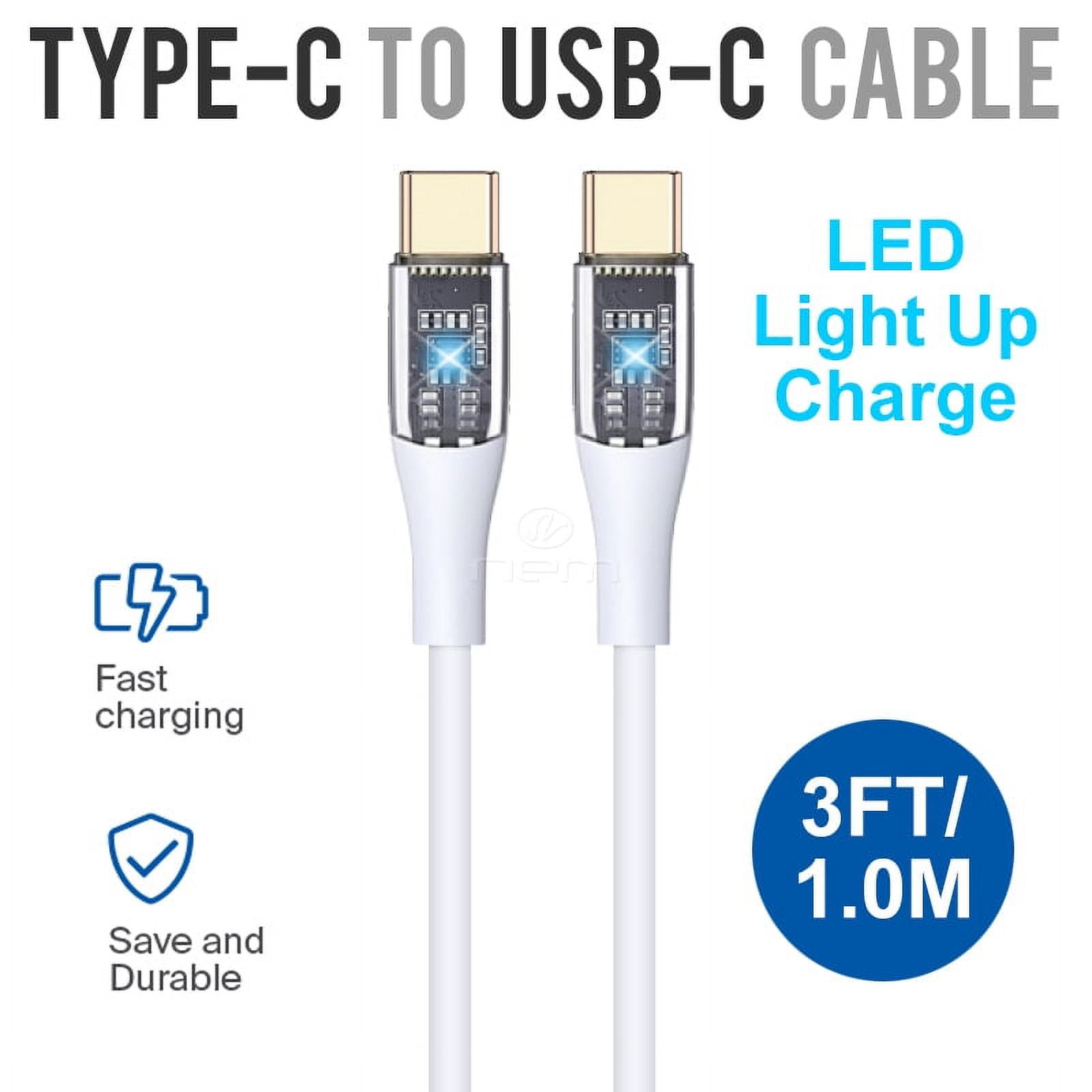 For Universal fast charge LED Light Up TYPE-C To USB-C Cable 3Ft White ...
