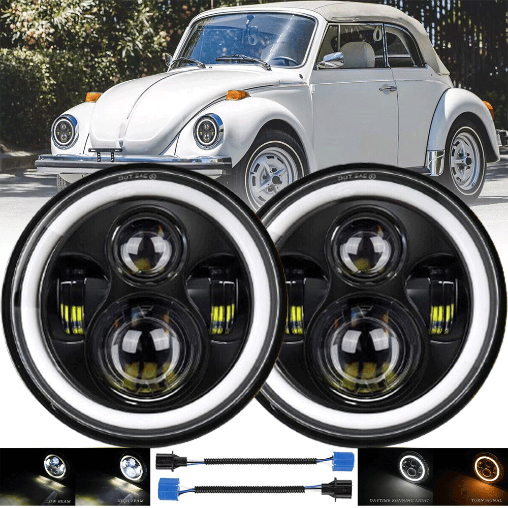 For VW Dune Buggy Rail Buggy 7" Round LED Headlights Halo Hi/Lo DRL ...